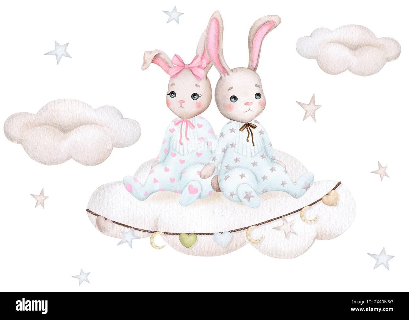 Baby bunnies are flying on a cloud. Girl and Boy. Love and friendship ...