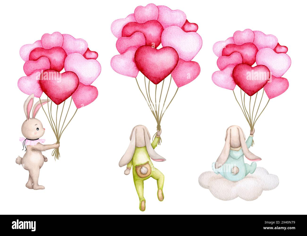 Set of Cute bunnies with a bunch of heart-shaped balloons. Love and ...