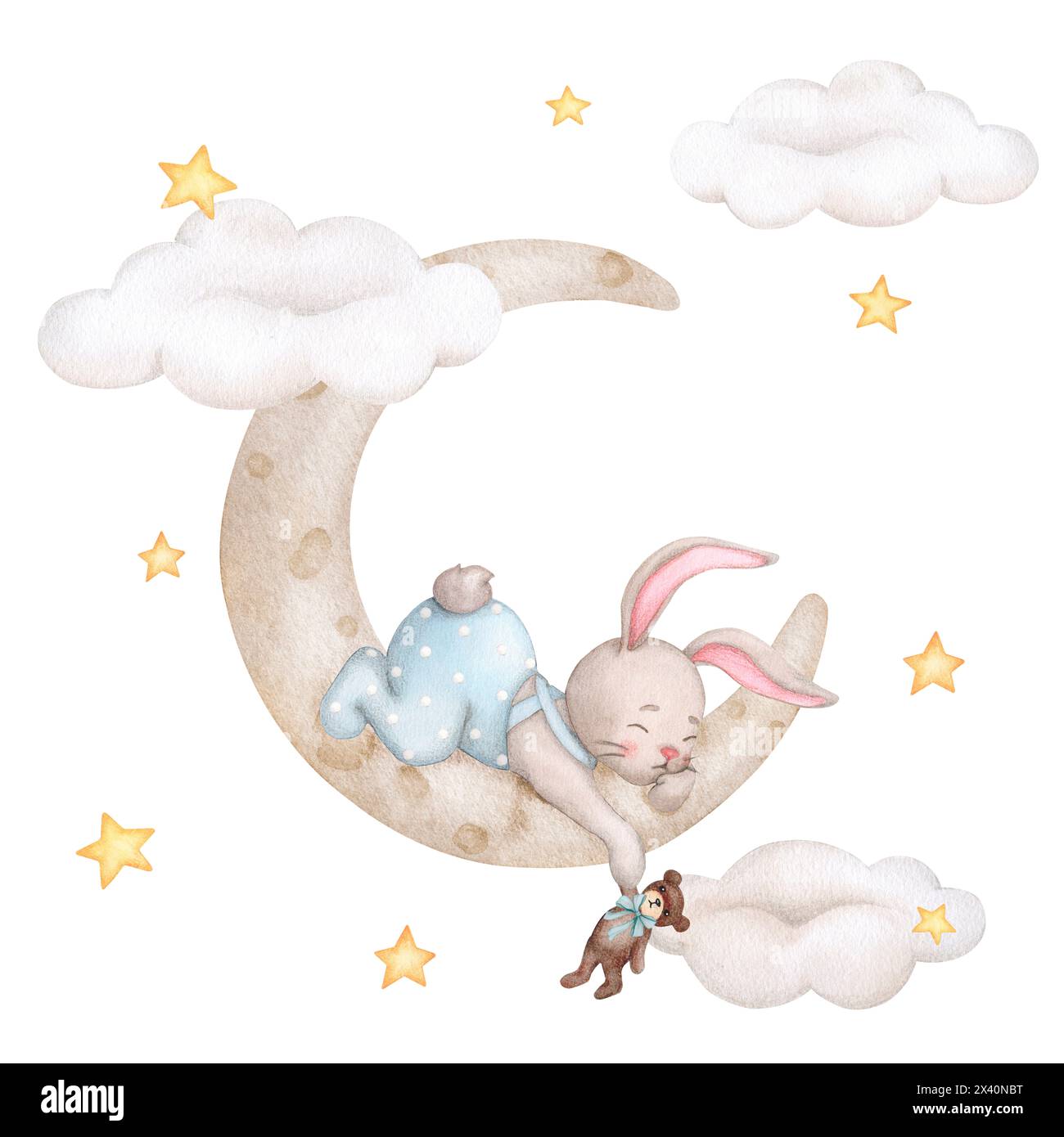 Cute bunny sleeping on the moon. Children's illustration. Hand drawn ...