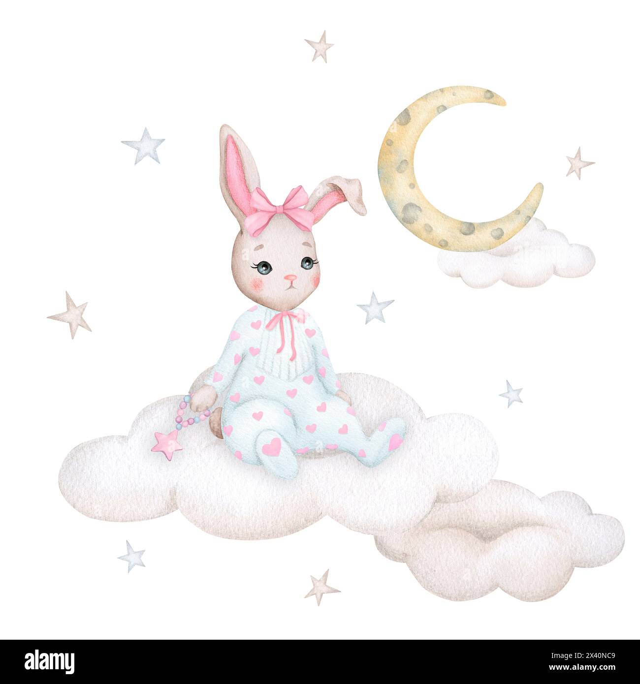 Cute little little bunny sits on a cloud. Girl. Children's illustration ...