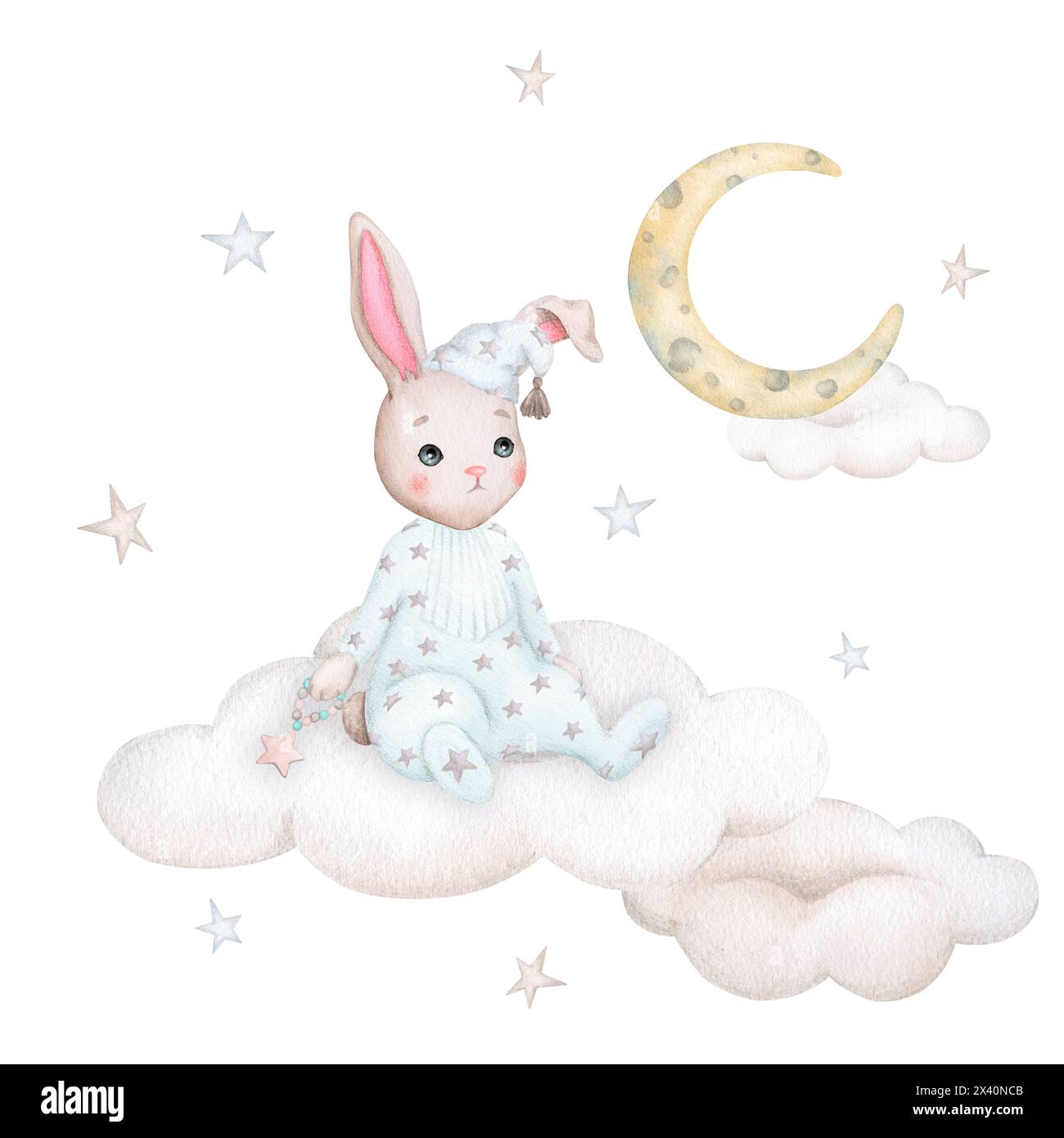 Cute little little bunny sits on a cloud. Boy. Children's illustration ...