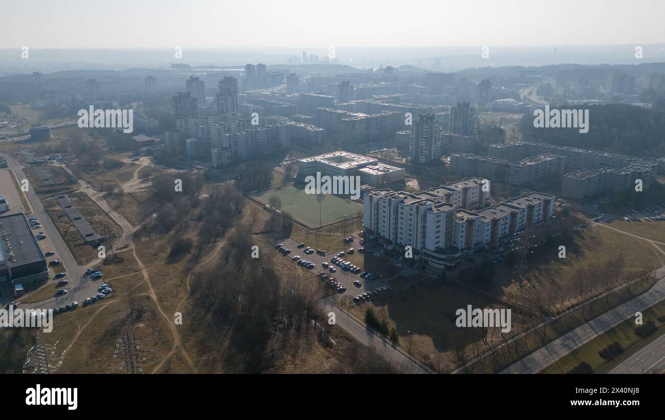 Drone photography of old multistory apartment block complex in a city ...