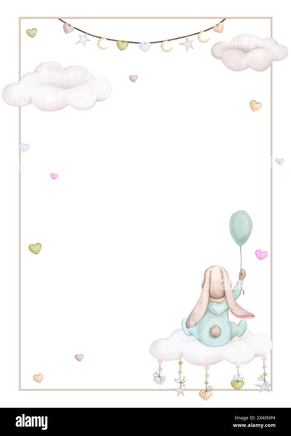 Baby bunny. Gender neutral. Watercolor frame, background for Birthday ...