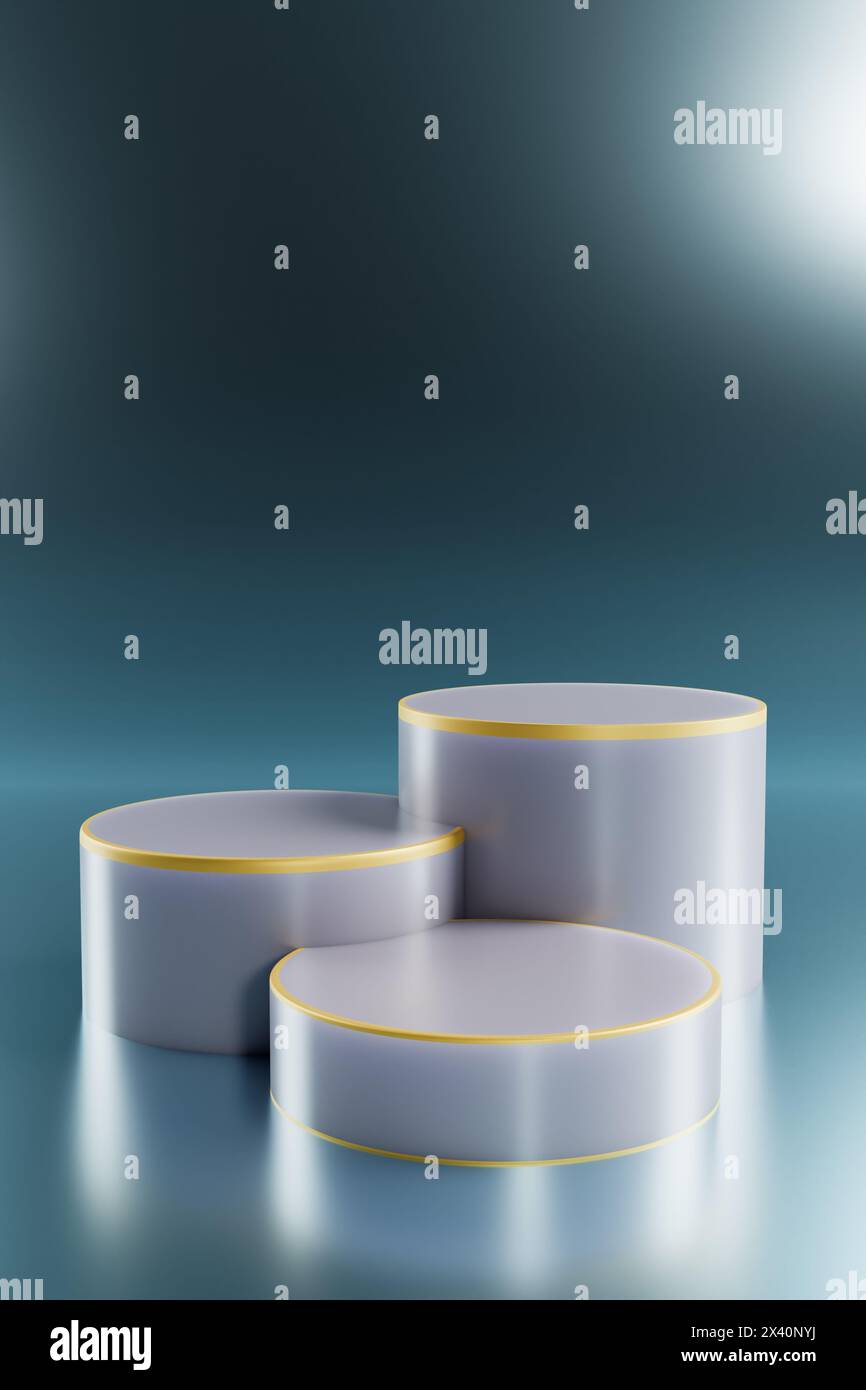 Three empty round podiums with golden edges. Mockup space to showcase ...