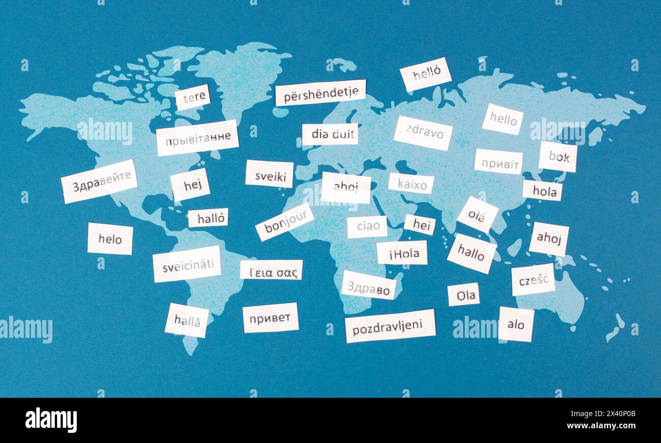 Languages and world map, word hello in different language spoken in ...