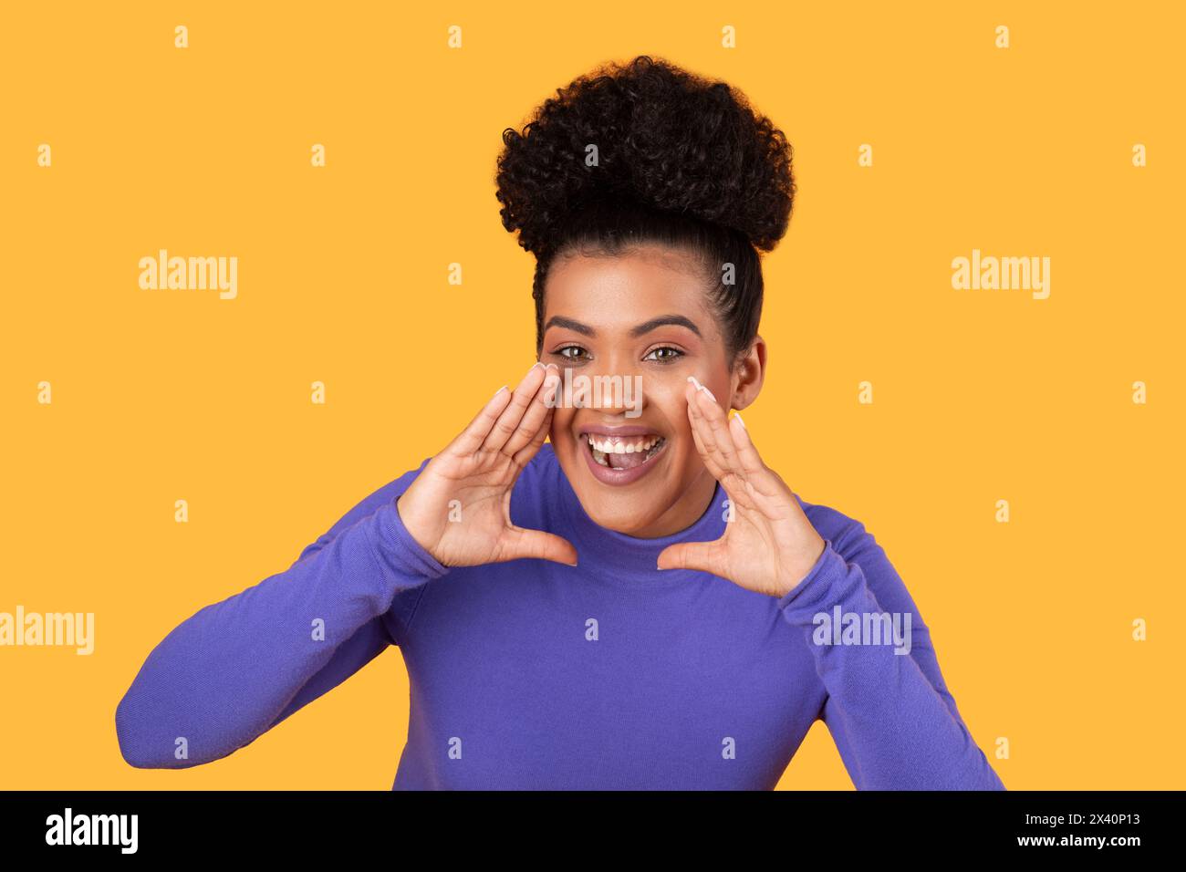 Woman Making Funny Face With Hands, Make Announcement Stock Photo - Alamy