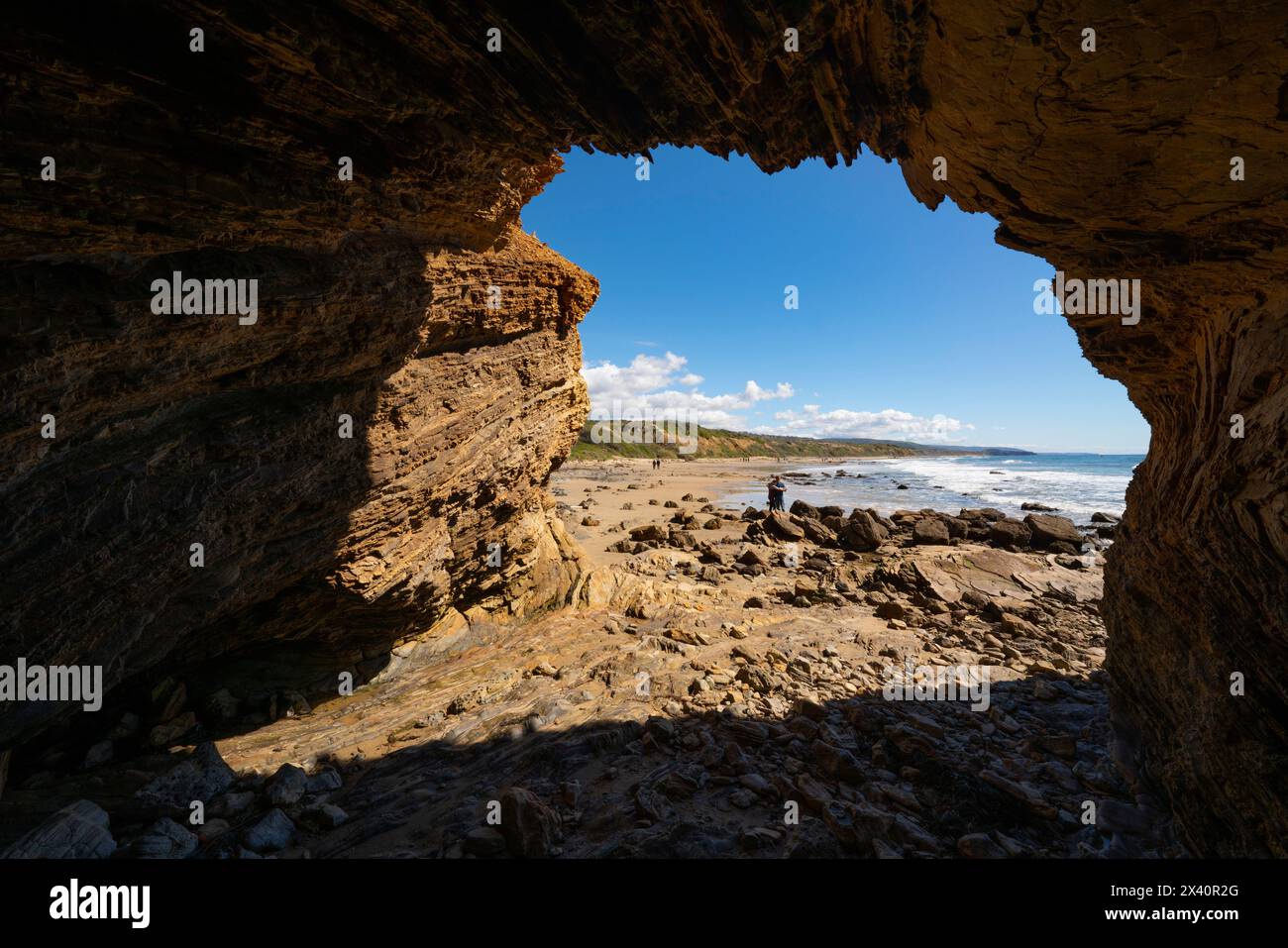 Looking out from a sea cave in Crystal Cove State Park, California, USA ...