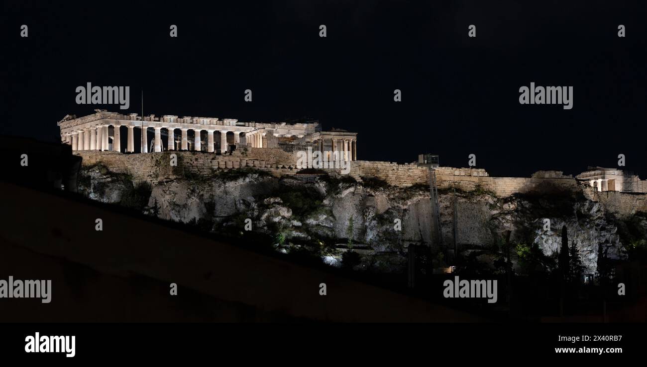 Illuminated Parthenon at night in the Acropolis of Athens; Athens, Greece Stock Photo - Alamy