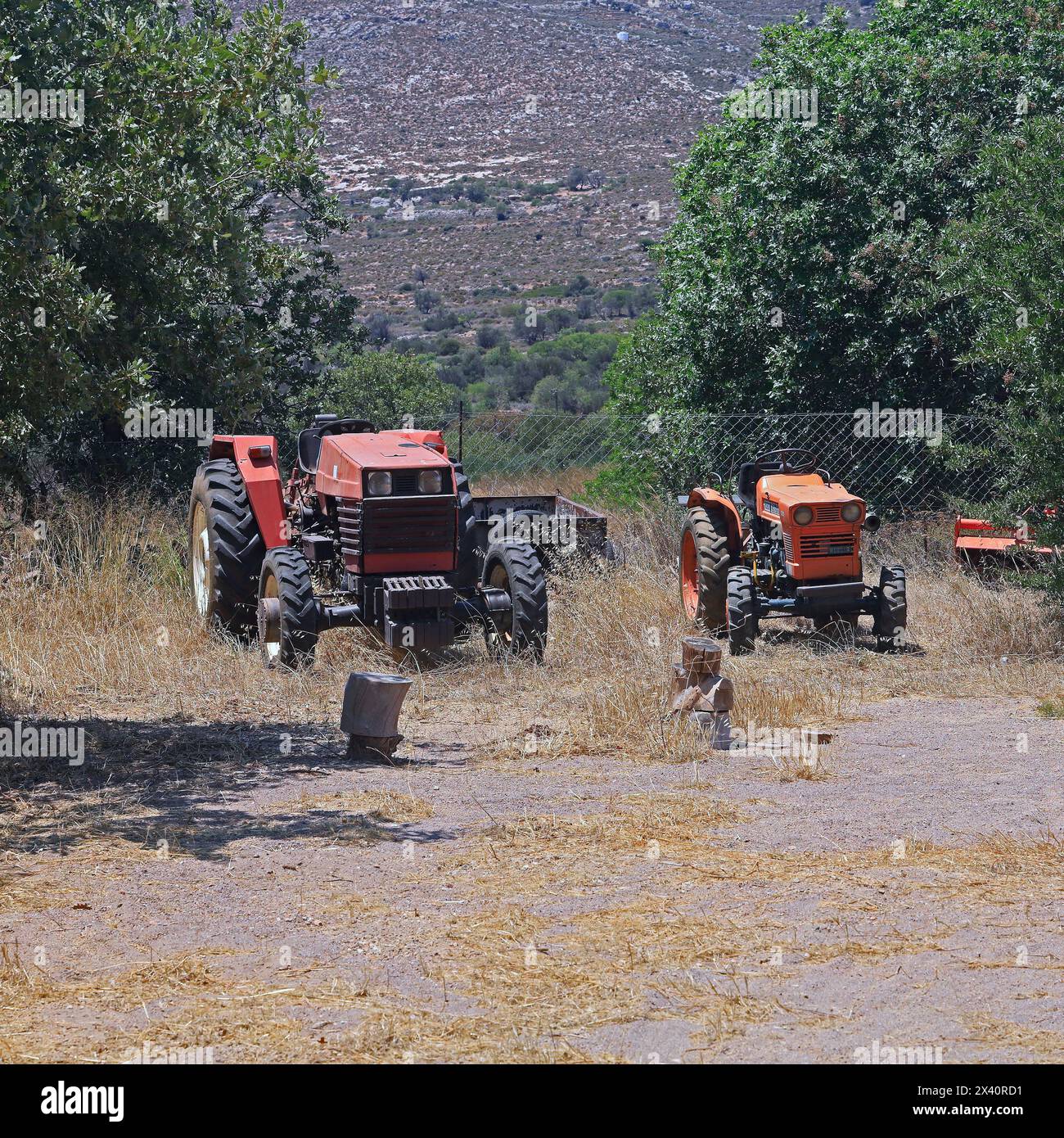 Big tractor and a little tractor. Old farm machinery in the countryside ...