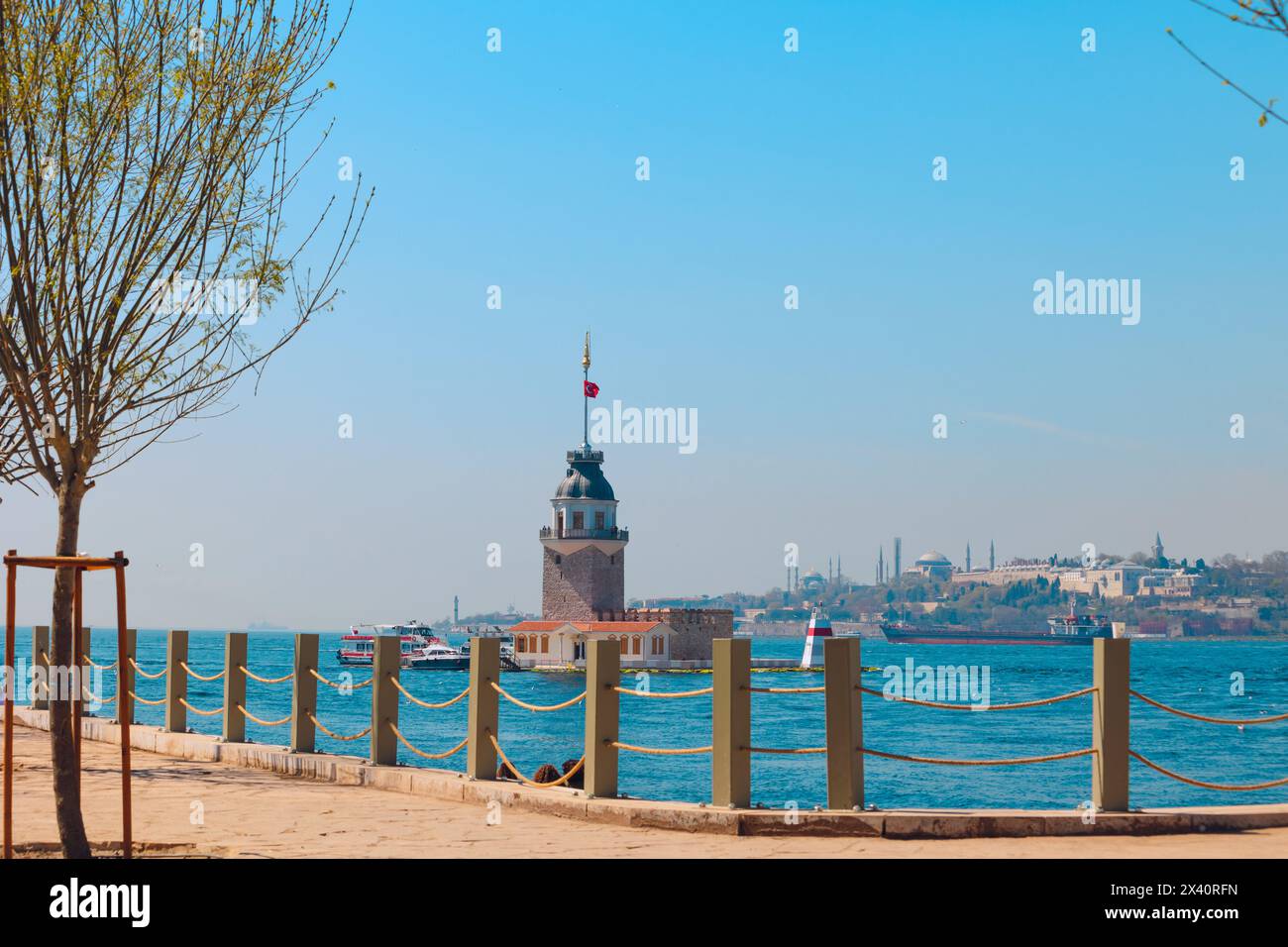 Kiz Kulesi with cityscape of Istanbul. Maiden's Tower view from newly constructed Salacak coast ...