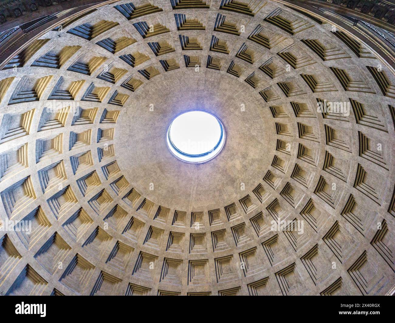 Interior detail of a decorative dome ceiling and round skylight; Rome ...
