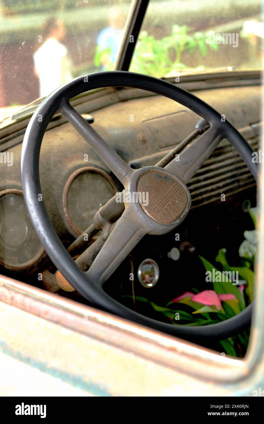 Steering Wheel looking through window of vintage Chevrolet truck Stock ...