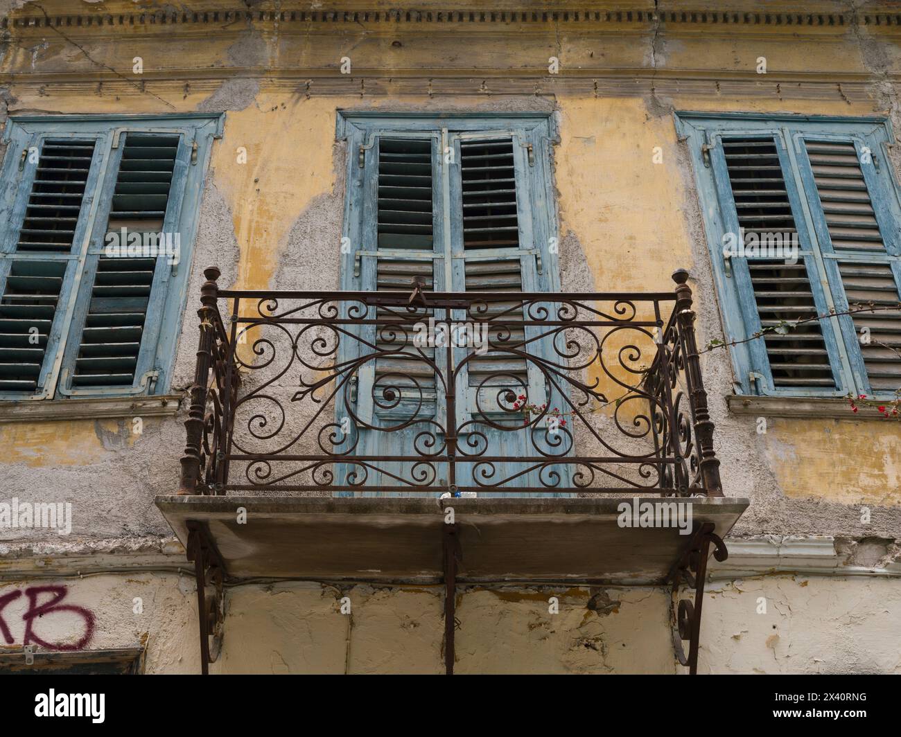 Low angle view of a juliet balcony with decorative wrought iron railing ...