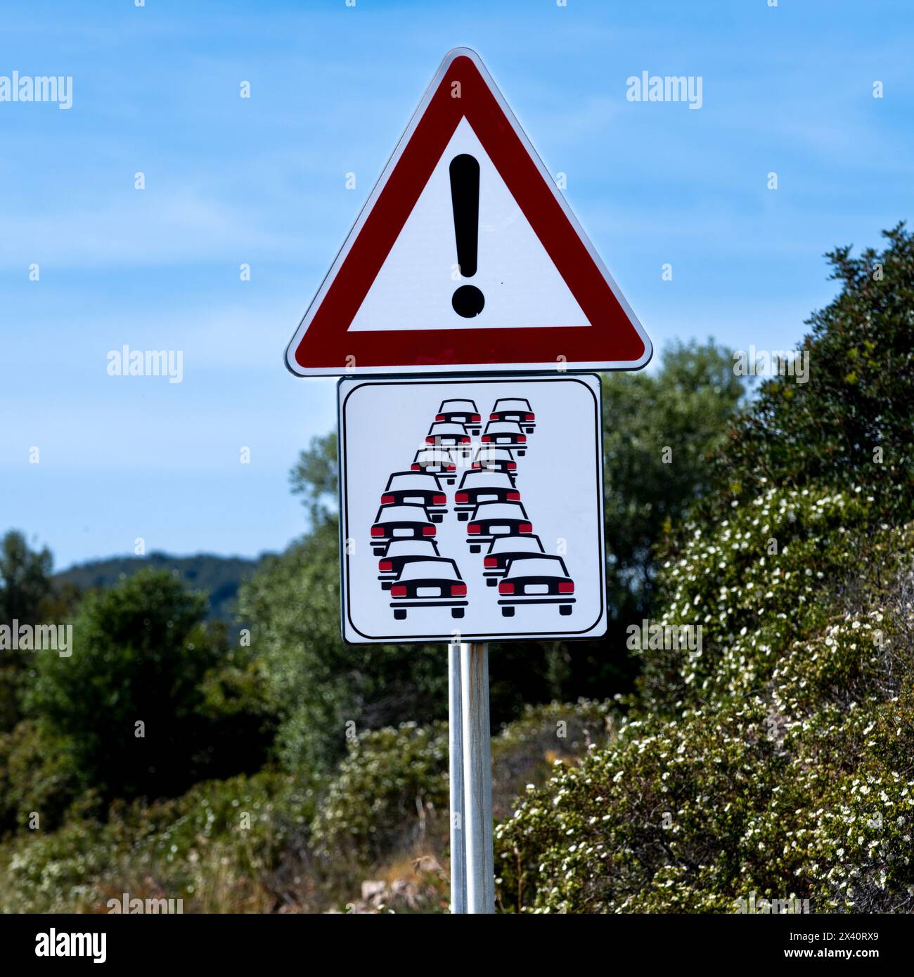 Road sign warning of traffic congestion; Sardinia, Italy Stock Photo ...
