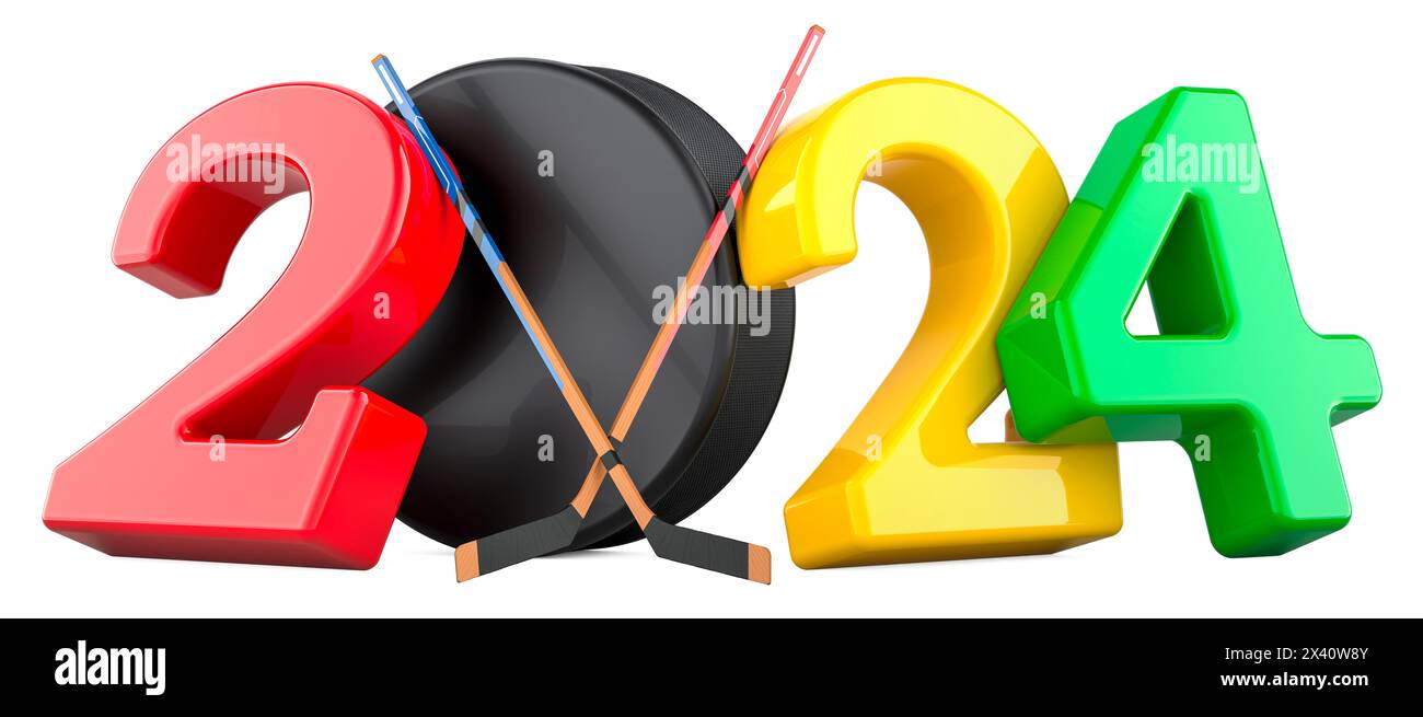 Hockey 2024 with ice hockey stick and hockey puck, concept. 3D ...