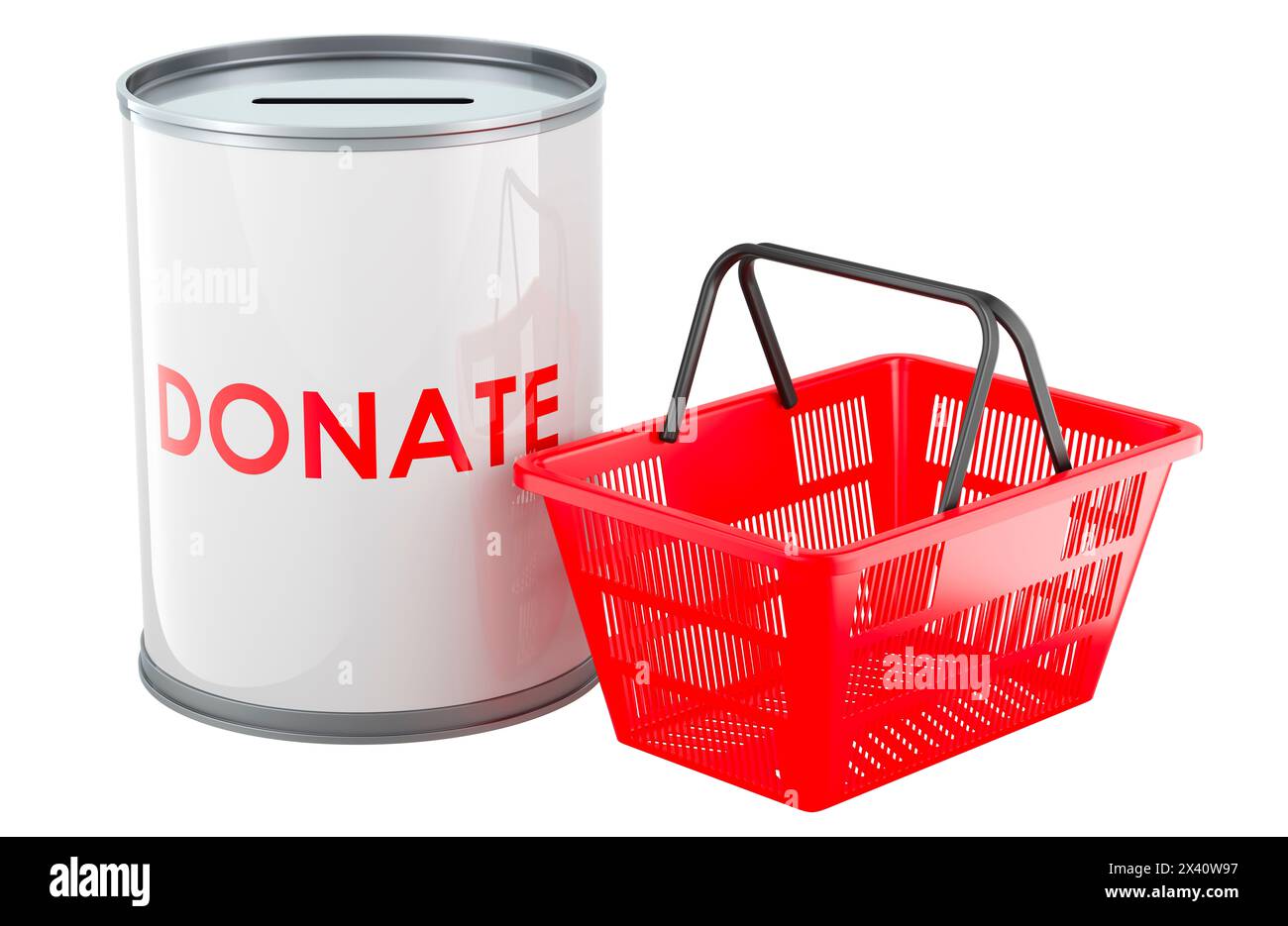Donation can with shopping basket, 3D rendering isolated on white ...