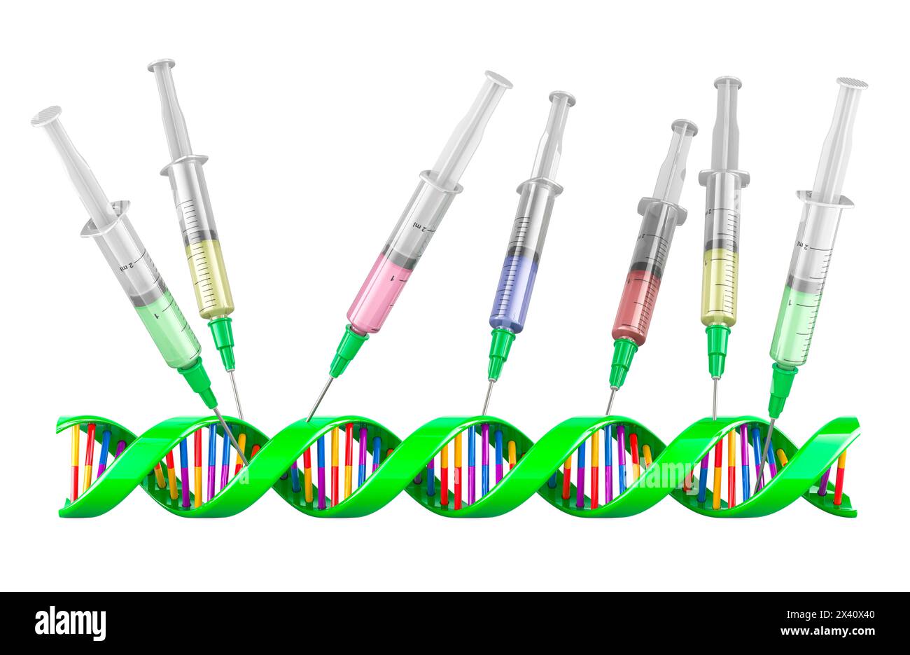 DNA spiral with Syringes. Biotechnology research, concept. 3D rendering ...