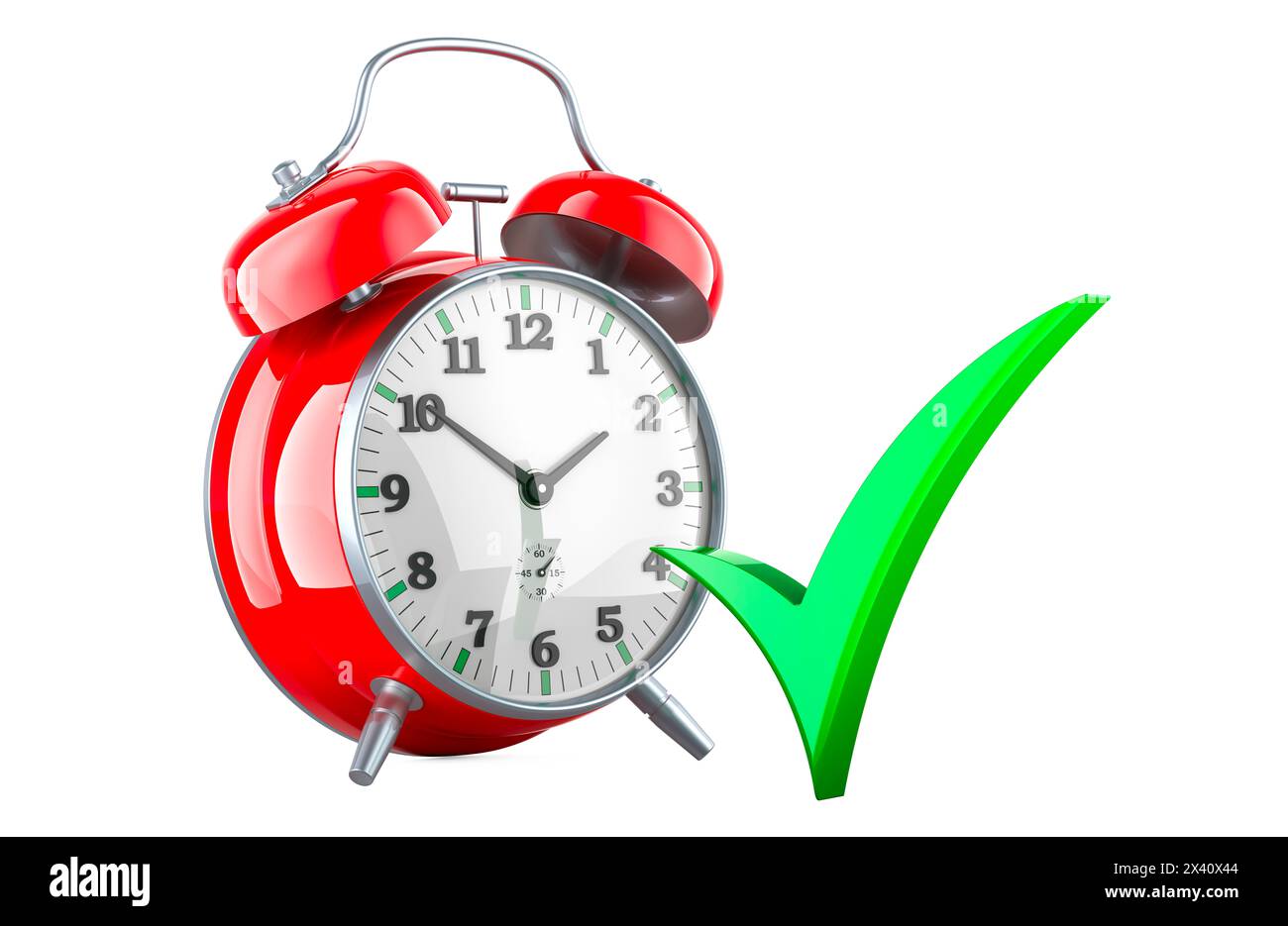 Alarm clock with green check mark, 3D rendering isolated on white ...