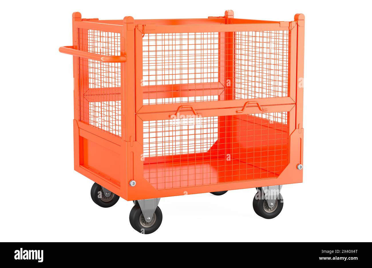 Collapsible wire mesh pallet with wheels, 3D rendering isolated on ...