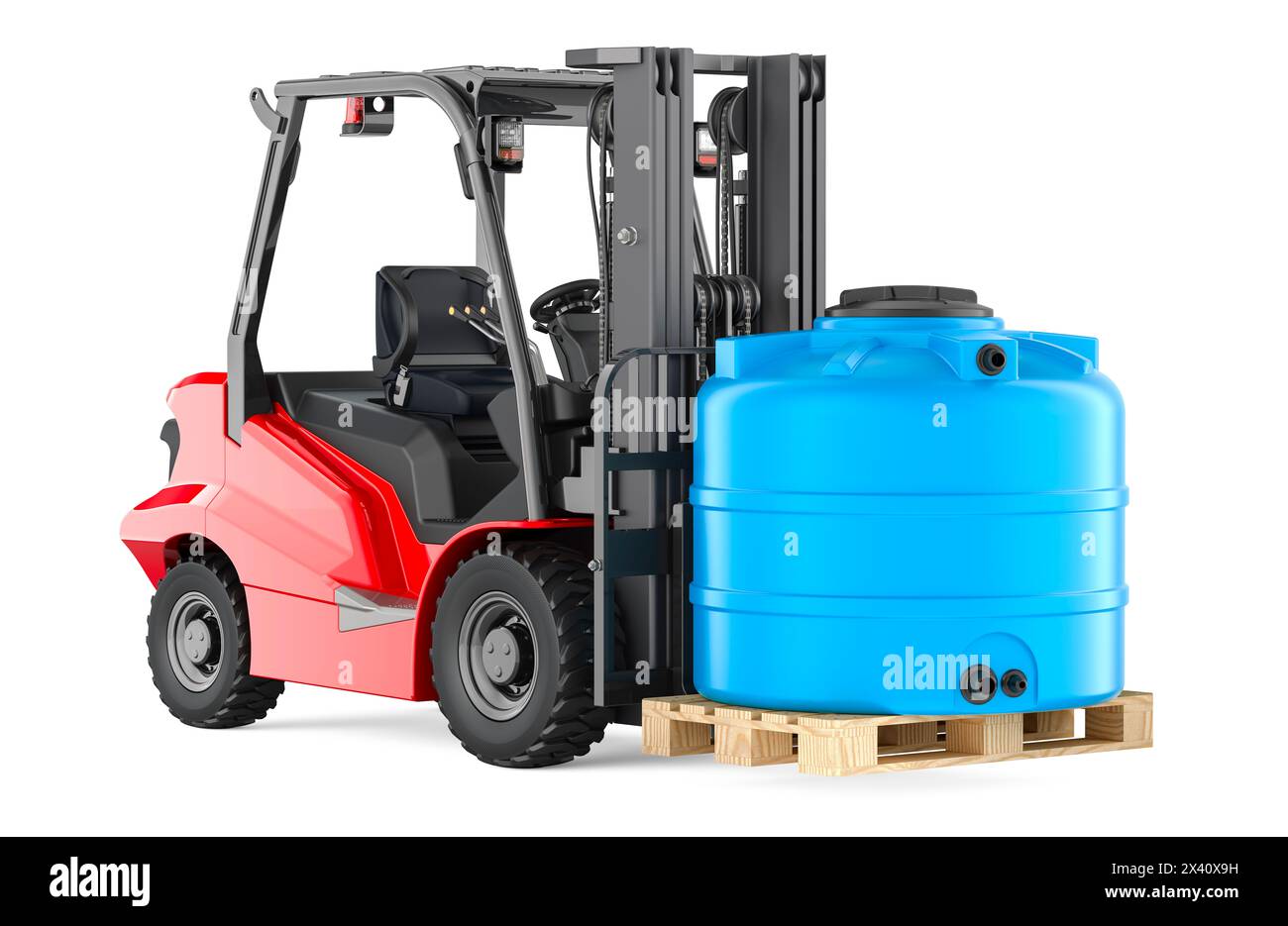Forklift truck with Blue Plastic Water Tank, 3D rendering isolated on white background Stock ...