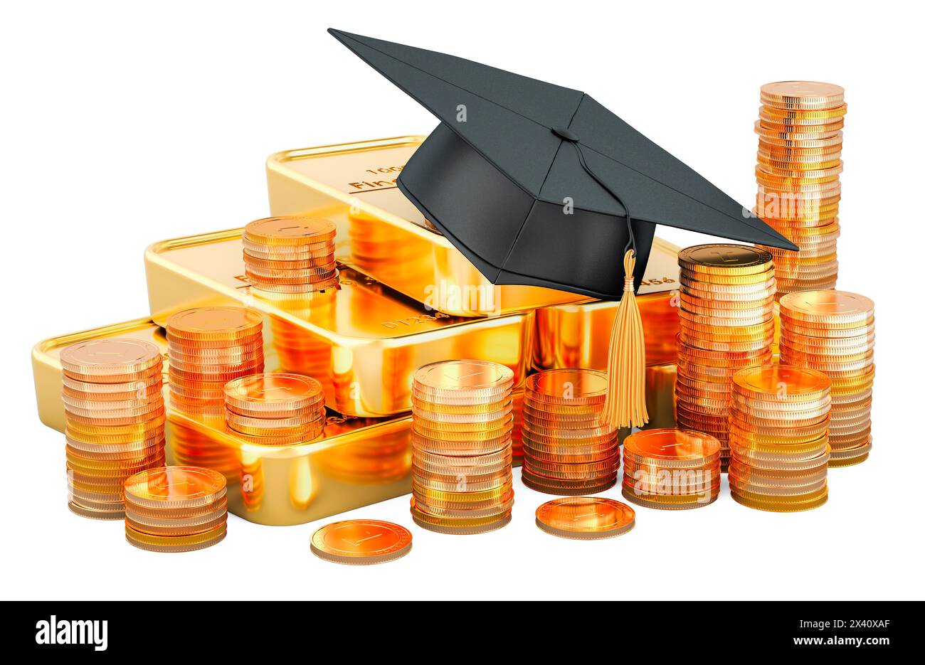 Gold bars and golden coins with graduation hat. 3D rendering isolated ...