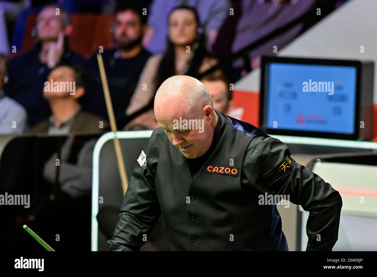 John Higgins reacts, during the Cazoo World Championships 2024 at Crucible Theatre, Sheffield ...