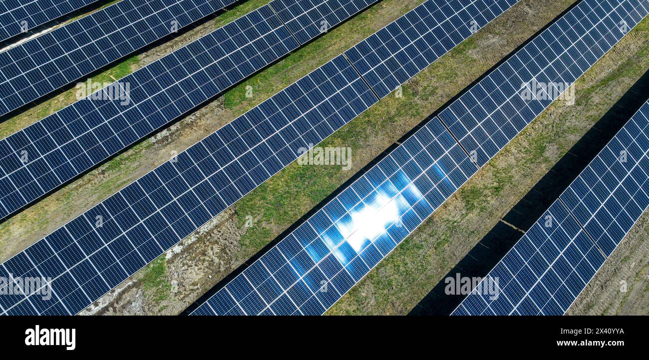 Close-up aerial view of rows of solar panels in a field; High River ...