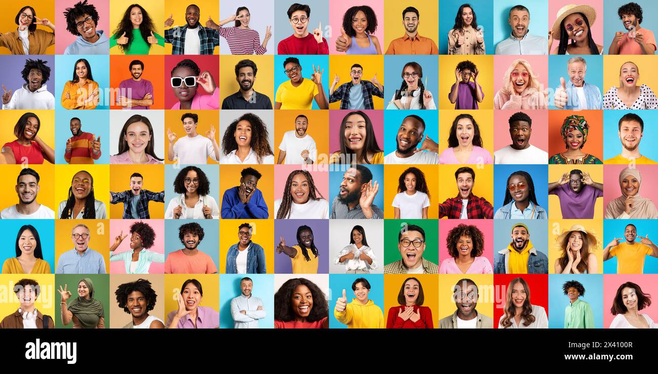Mosaic of multiple expressive faces on colored backgrounds Stock Photo ...