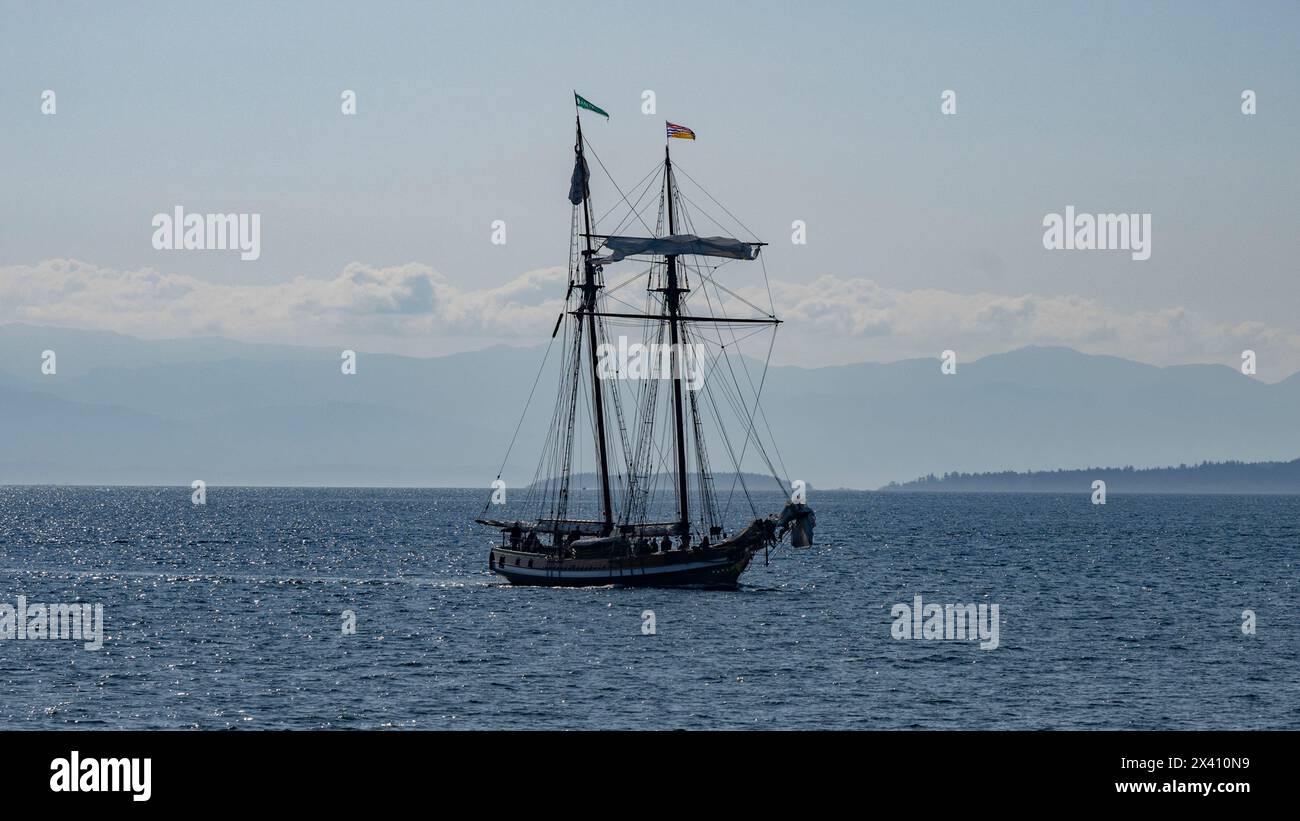 Sailing vessel with two masts and flags sailing off the coast of ...