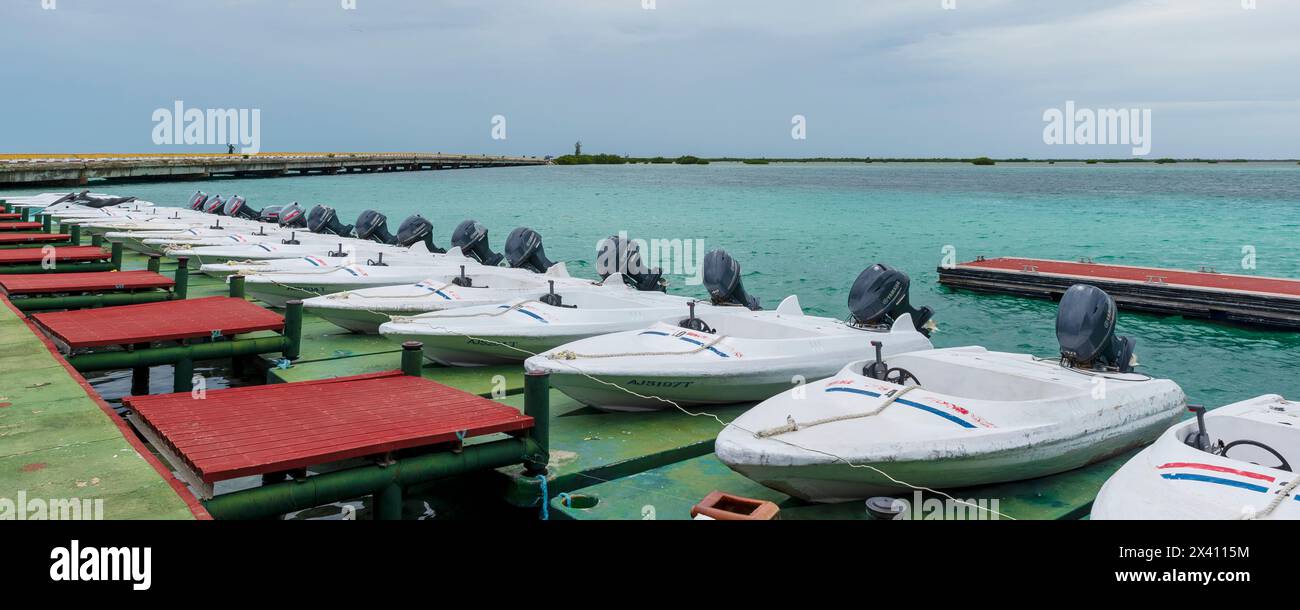 Boats for rent moored in a row along the waterfront at Cayo Guillermo ...