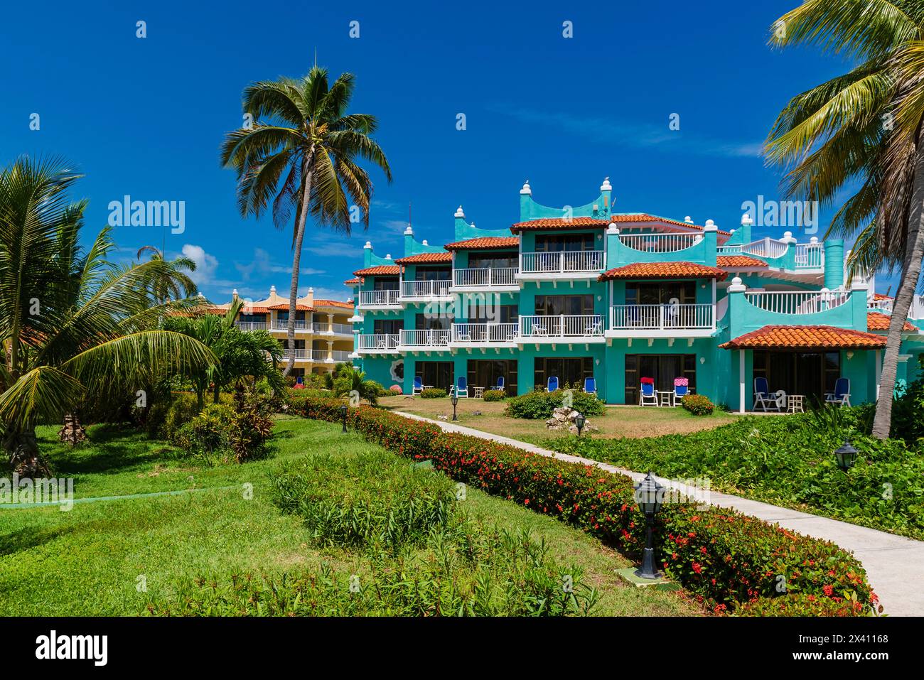 Colourful buildings in a Caribbean resort; Cayo Guillermo, Cuba Stock ...