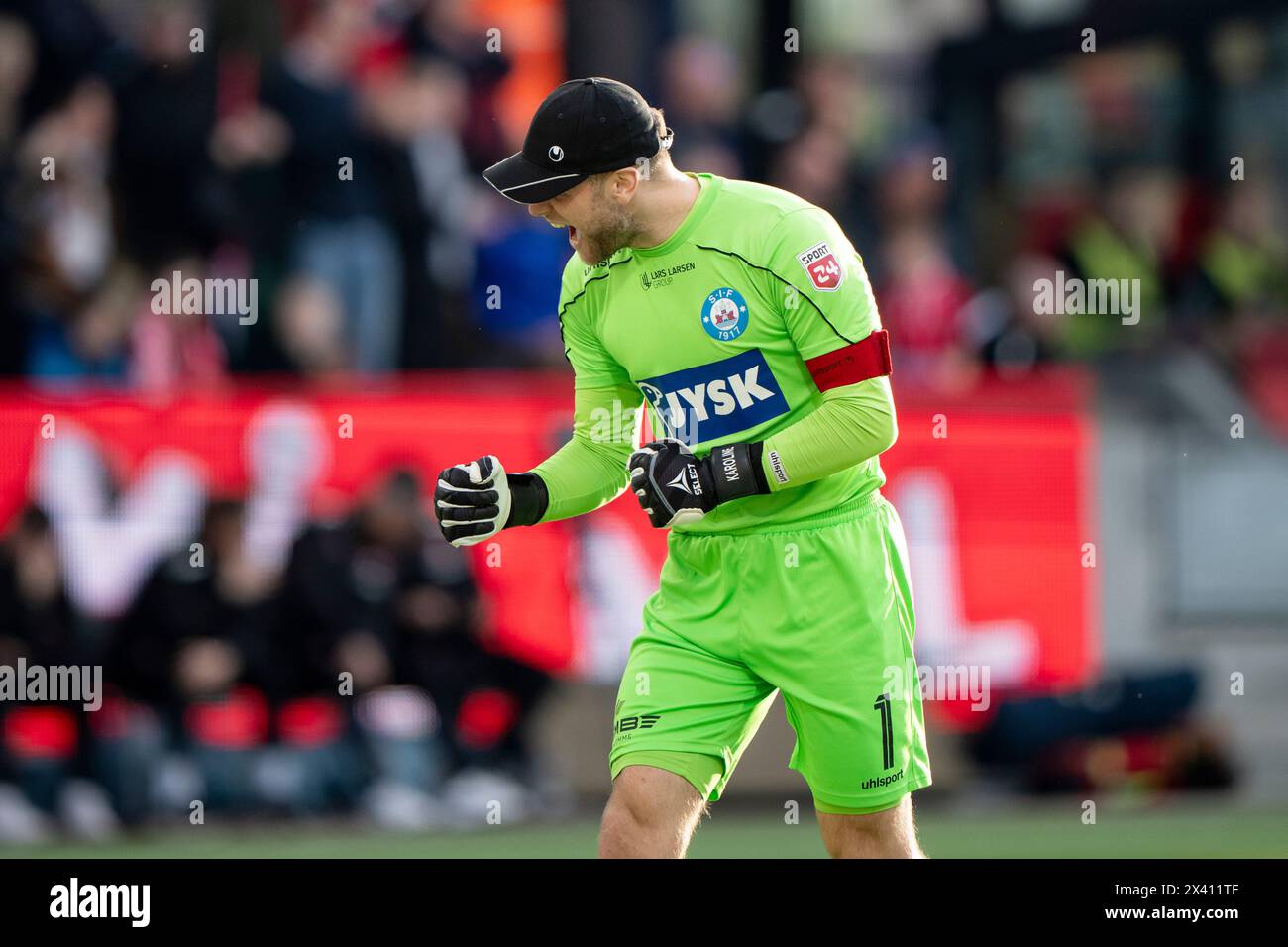 Silkeborg, Denmark. 29th Apr, 2024. Silkeborg's goalkeeper Nicolai Larsen reacts as Anders ...