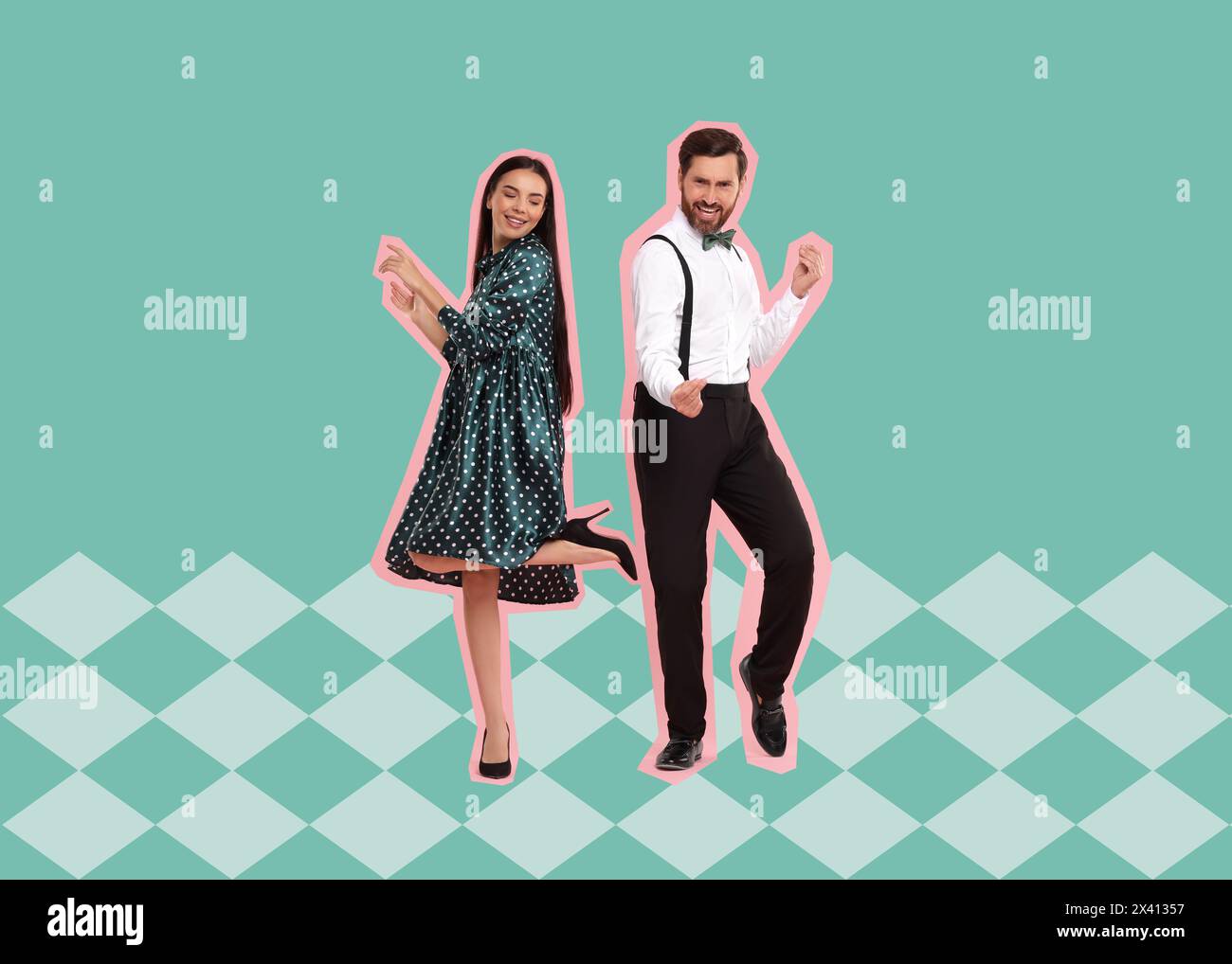 Pop art poster. Couple dancing on turquoise background, pin up style ...