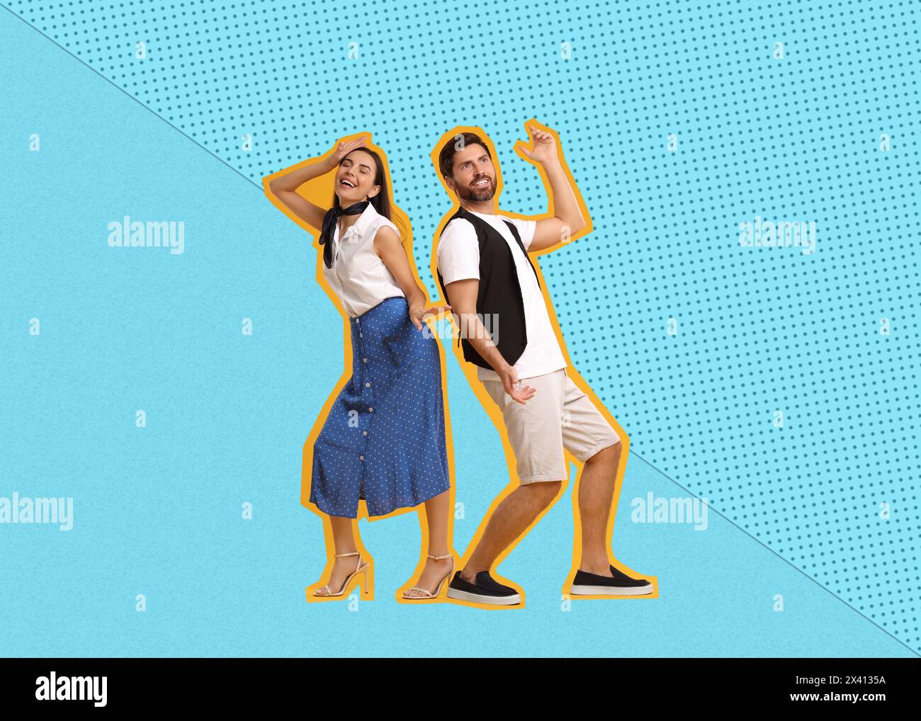 Pop art poster. Couple dancing on light blue background, pin up style ...