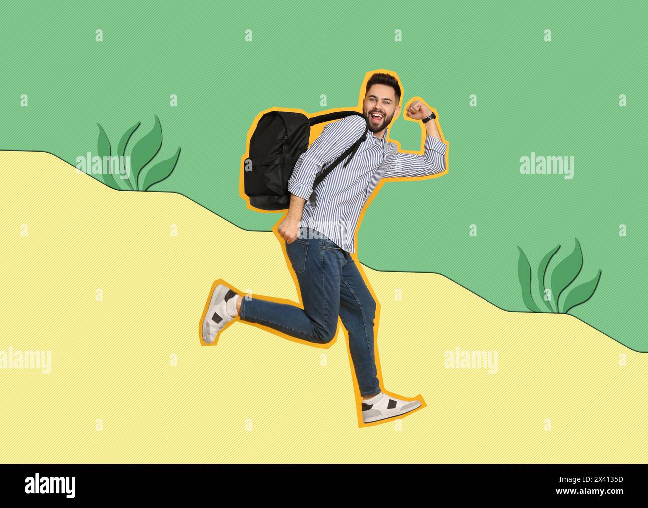 Pop art poster. Man with backpack running on drawn sand, pin up style ...