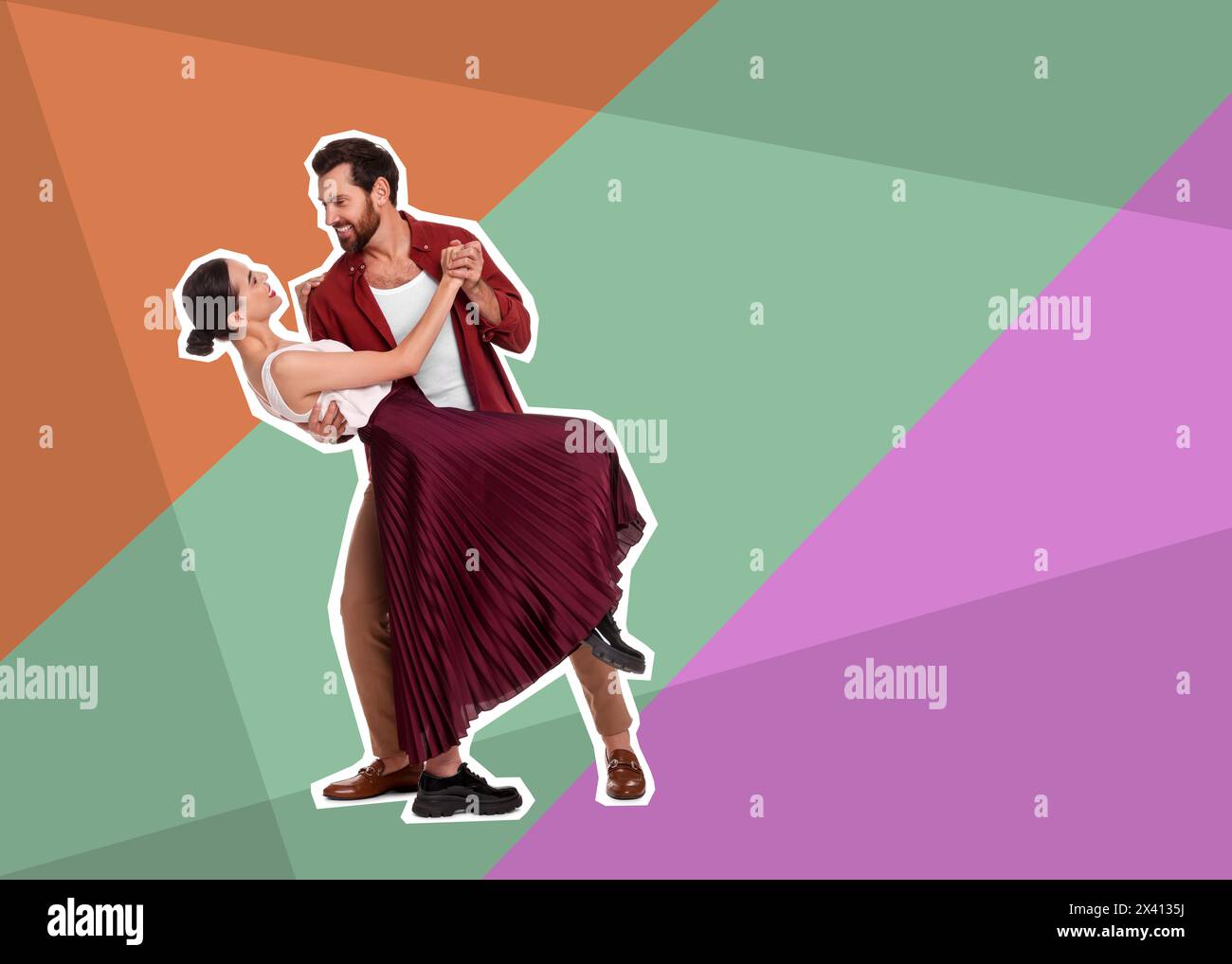 Pop art poster. Couple dancing on bright striped background, pin up ...