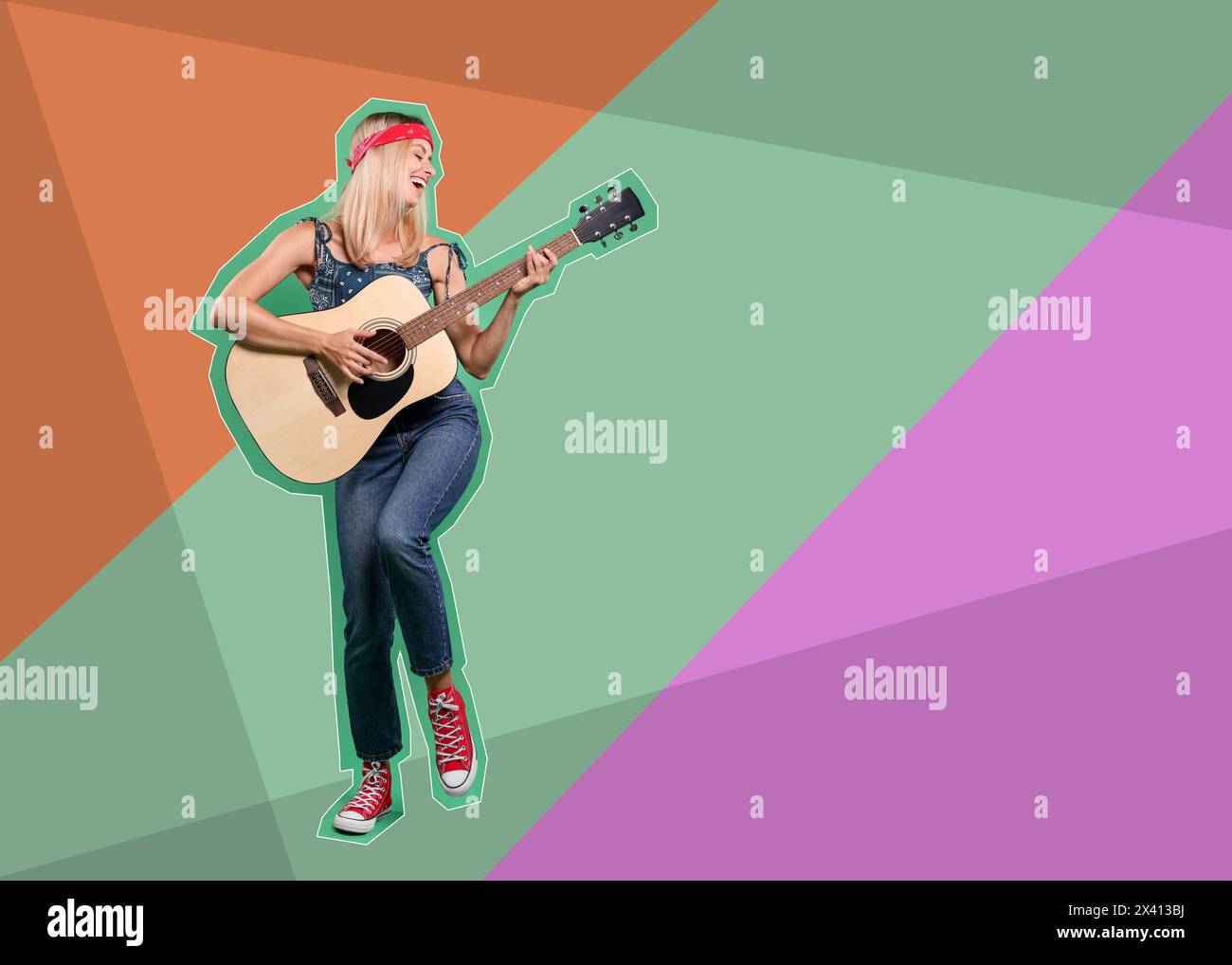 Pop art poster. Happy hippie woman playing guitar on bright background ...