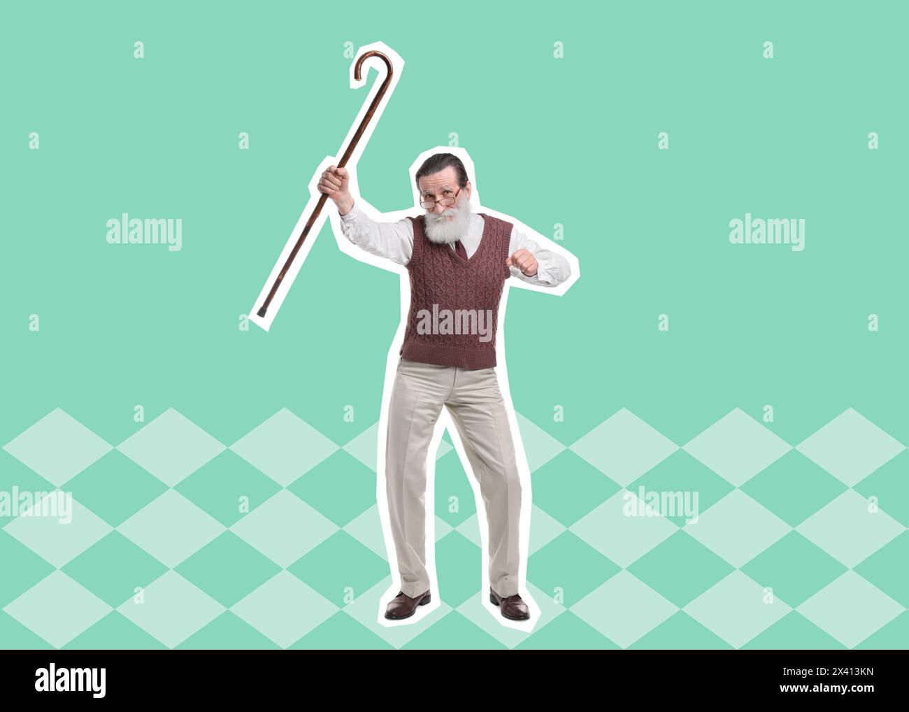 Pop art poster. Senior man with walking cane dancing on turquoise ...