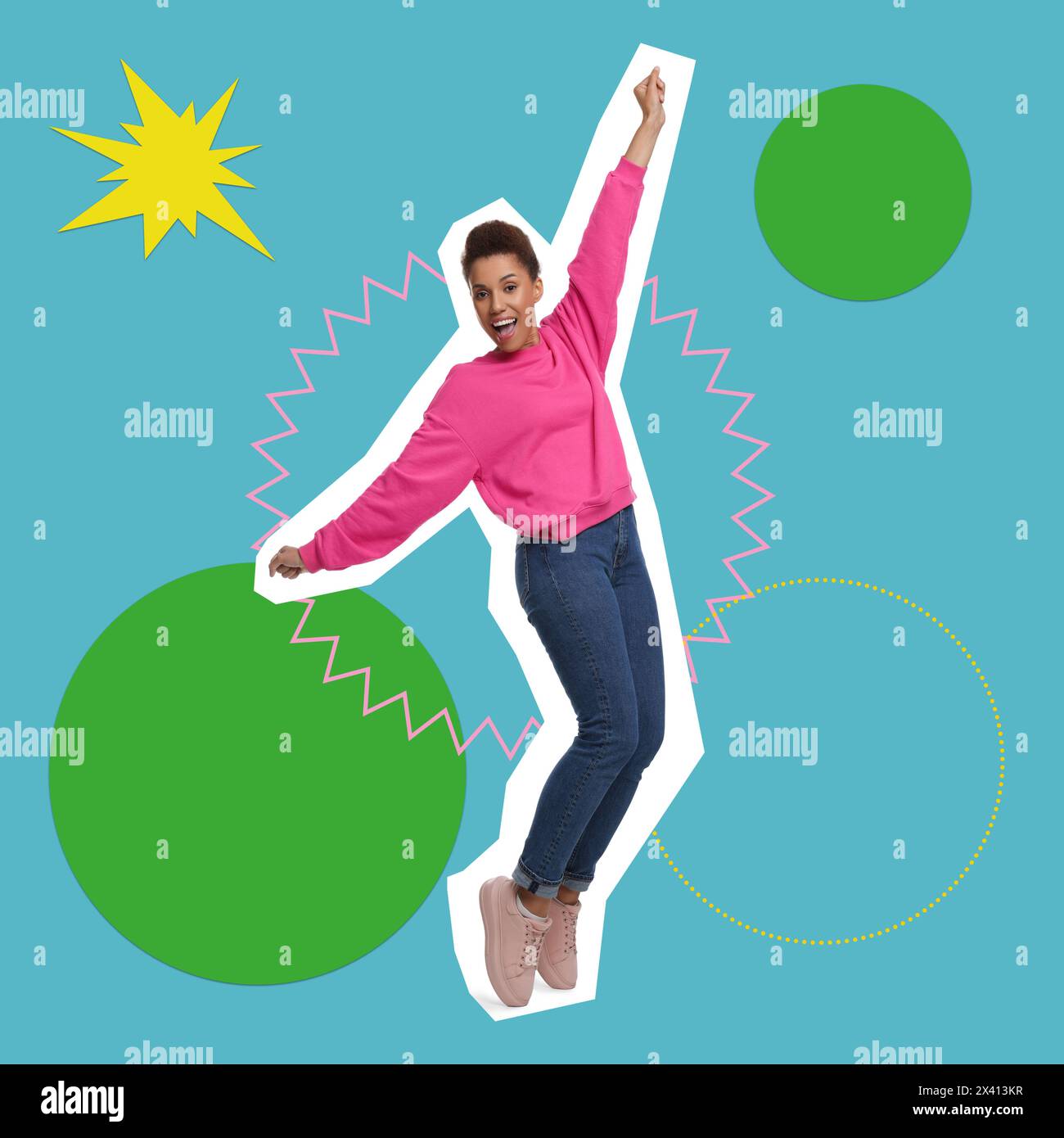 Pop art poster. Beautiful young woman dancing on bright background, pin ...