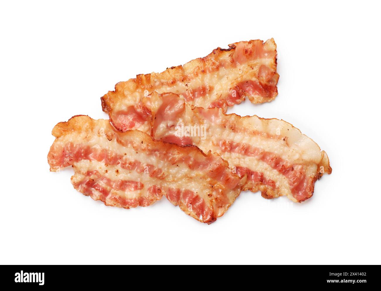 Delicious fried bacon slices isolated on white, top view Stock Photo ...