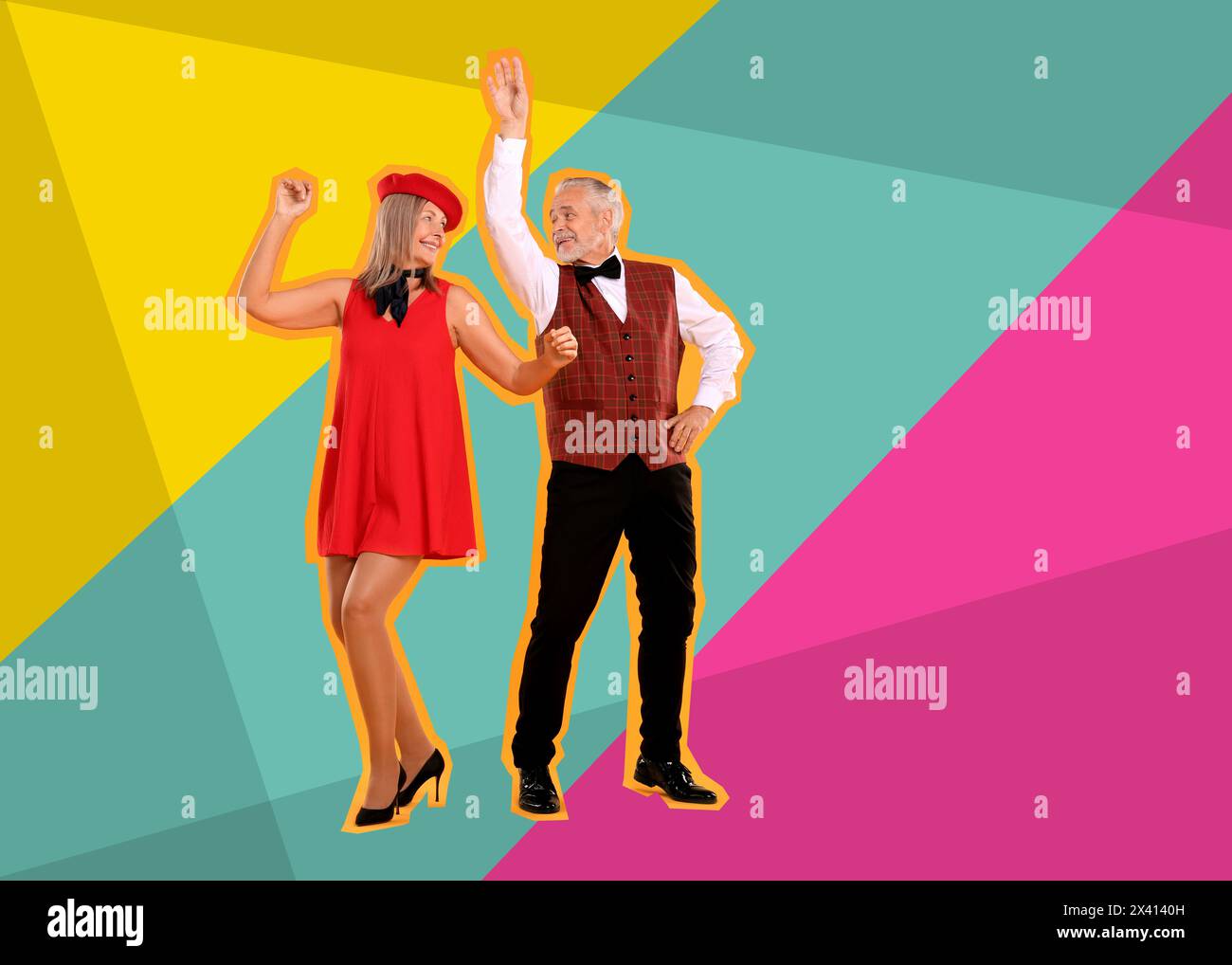 Pop art poster. Couple dancing on bright striped background, pin up ...