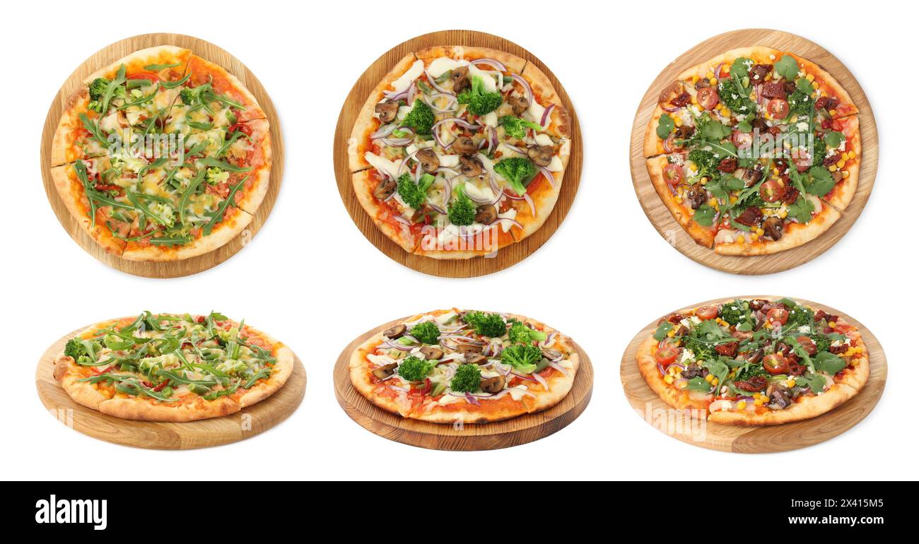 Delicious vegetarian pizzas isolated on white, top and side views Stock ...