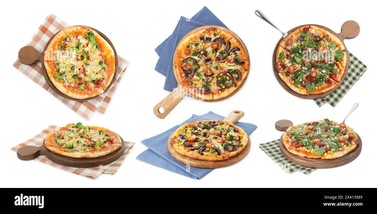 Delicious vegetarian pizzas isolated on white, top and side views Stock ...