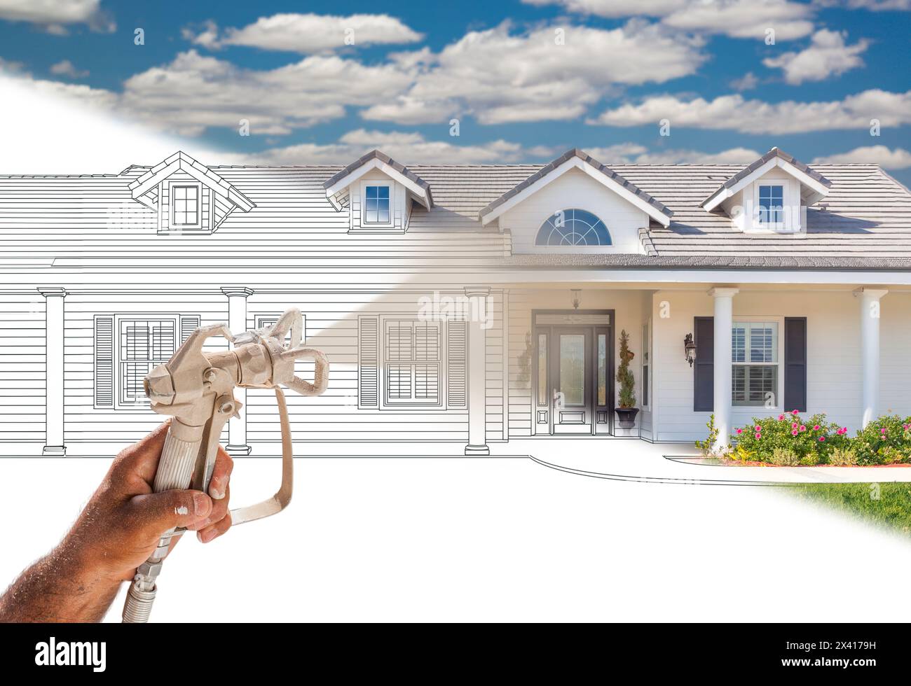 Professional Spray Painter Holding Spray Gun Spraying New House Over ...