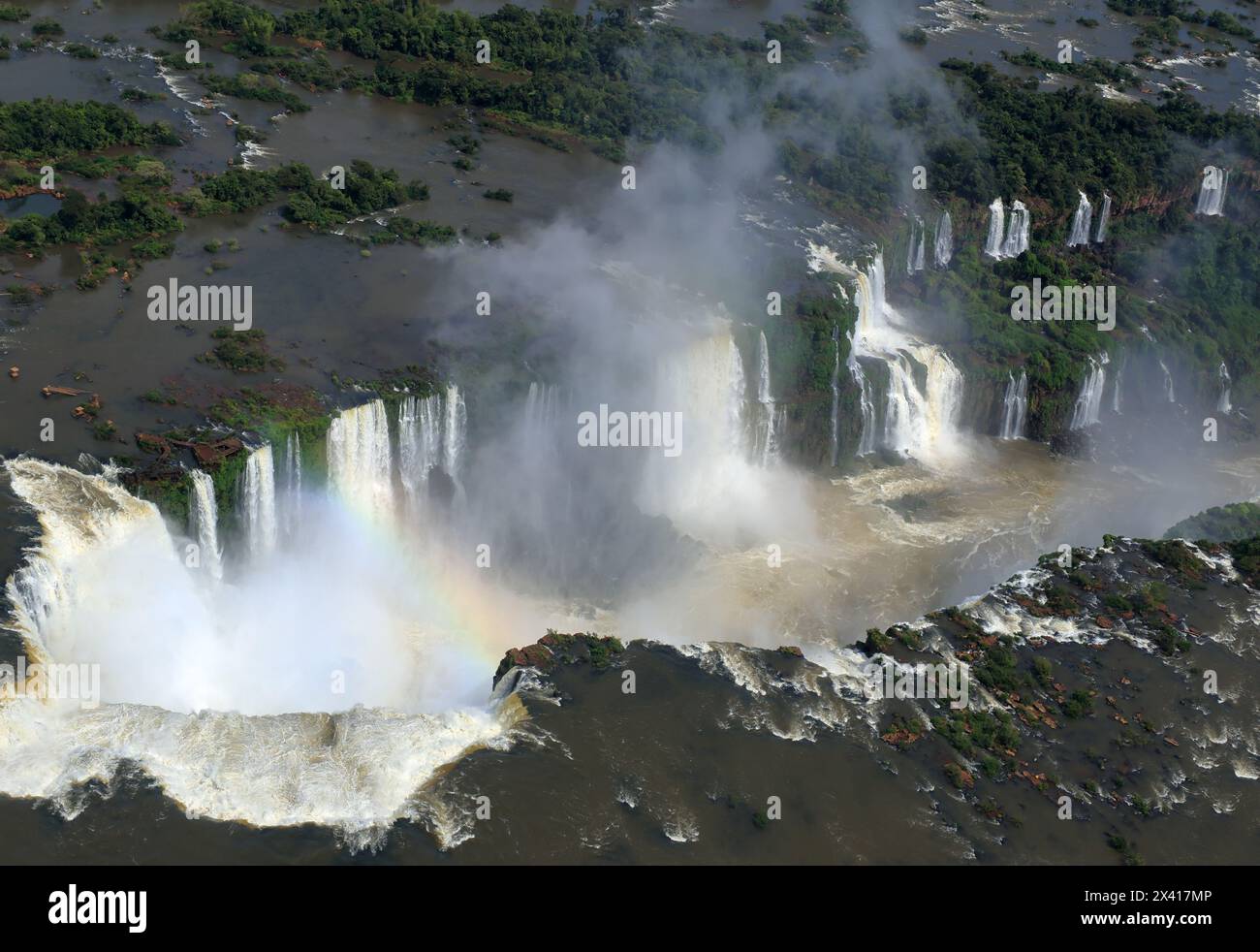 The aerial view of the part of Iguazu Falls with largest waterfalls and ...