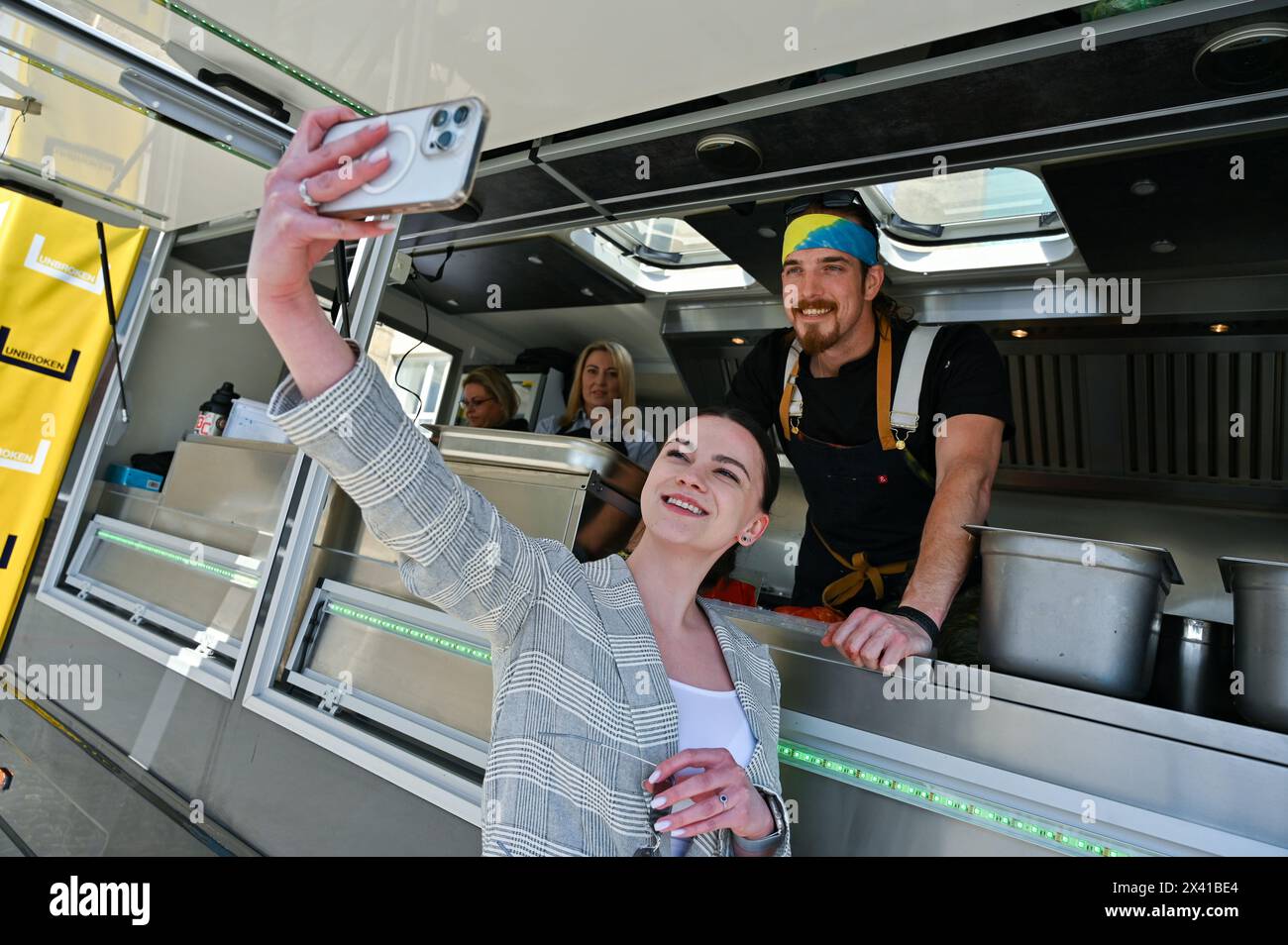 Non Exclusive: LVIV, UKRAINE - APRIL 26, 2024 - A woman takes a selfie ...