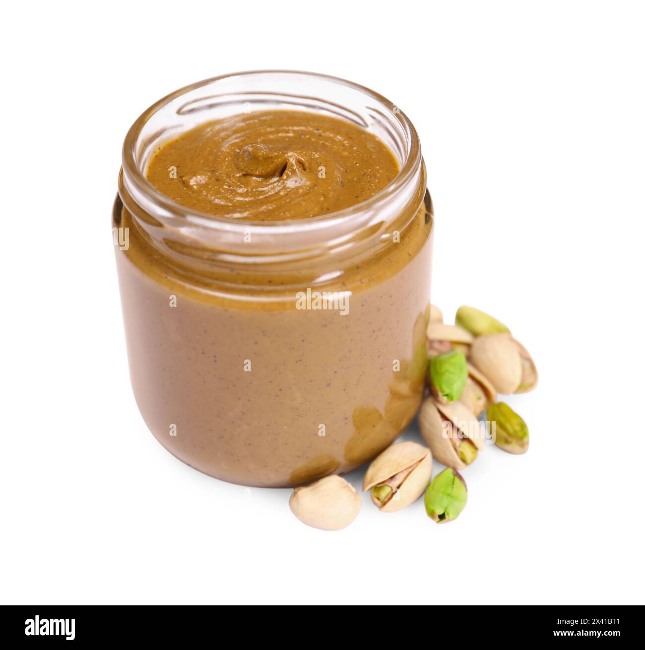 Tasty nut paste in jar and pistachios isolated on white Stock Photo - Alamy