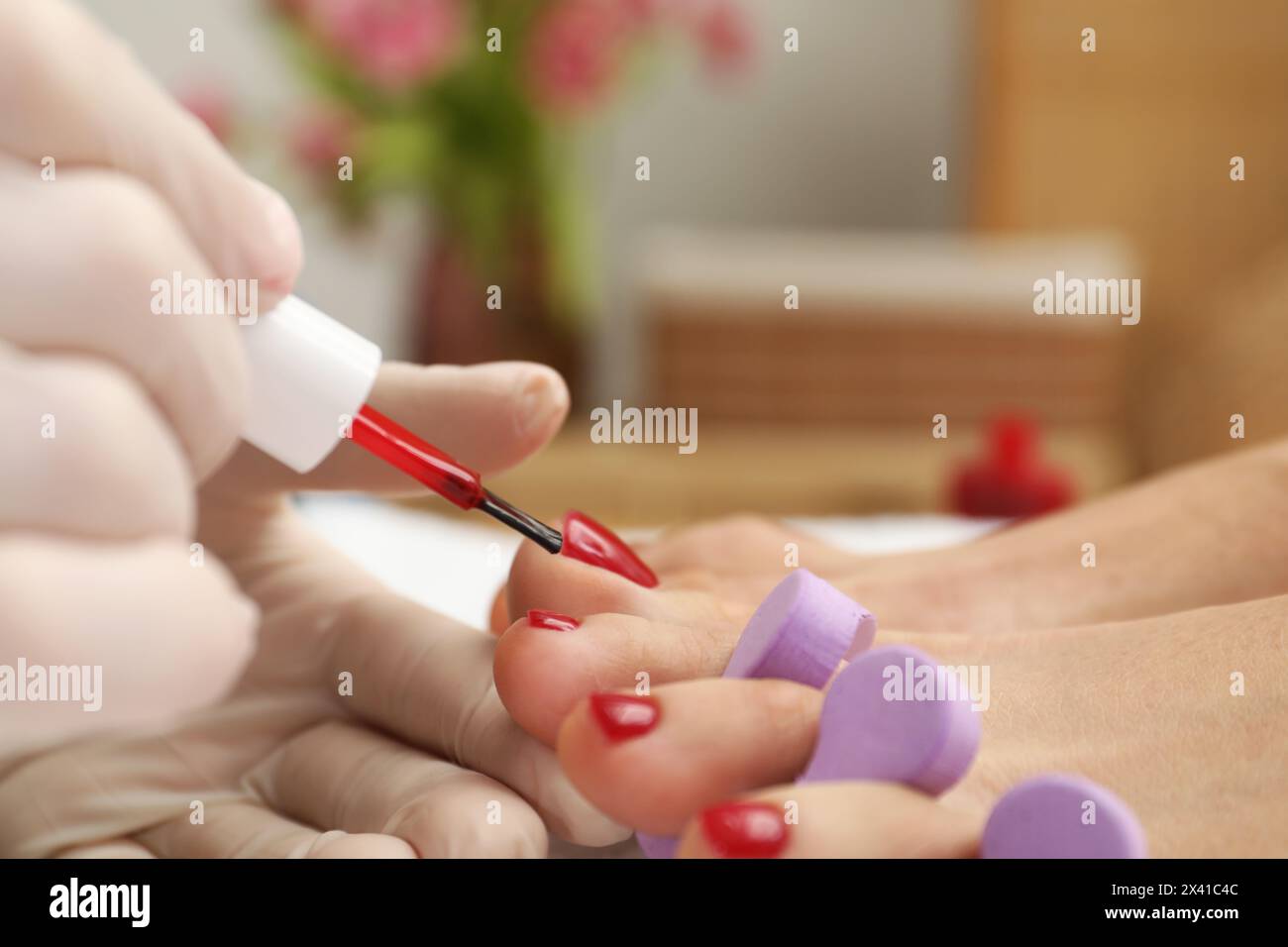 Pedicurist painting client`s toenails with red polish in beauty salon ...