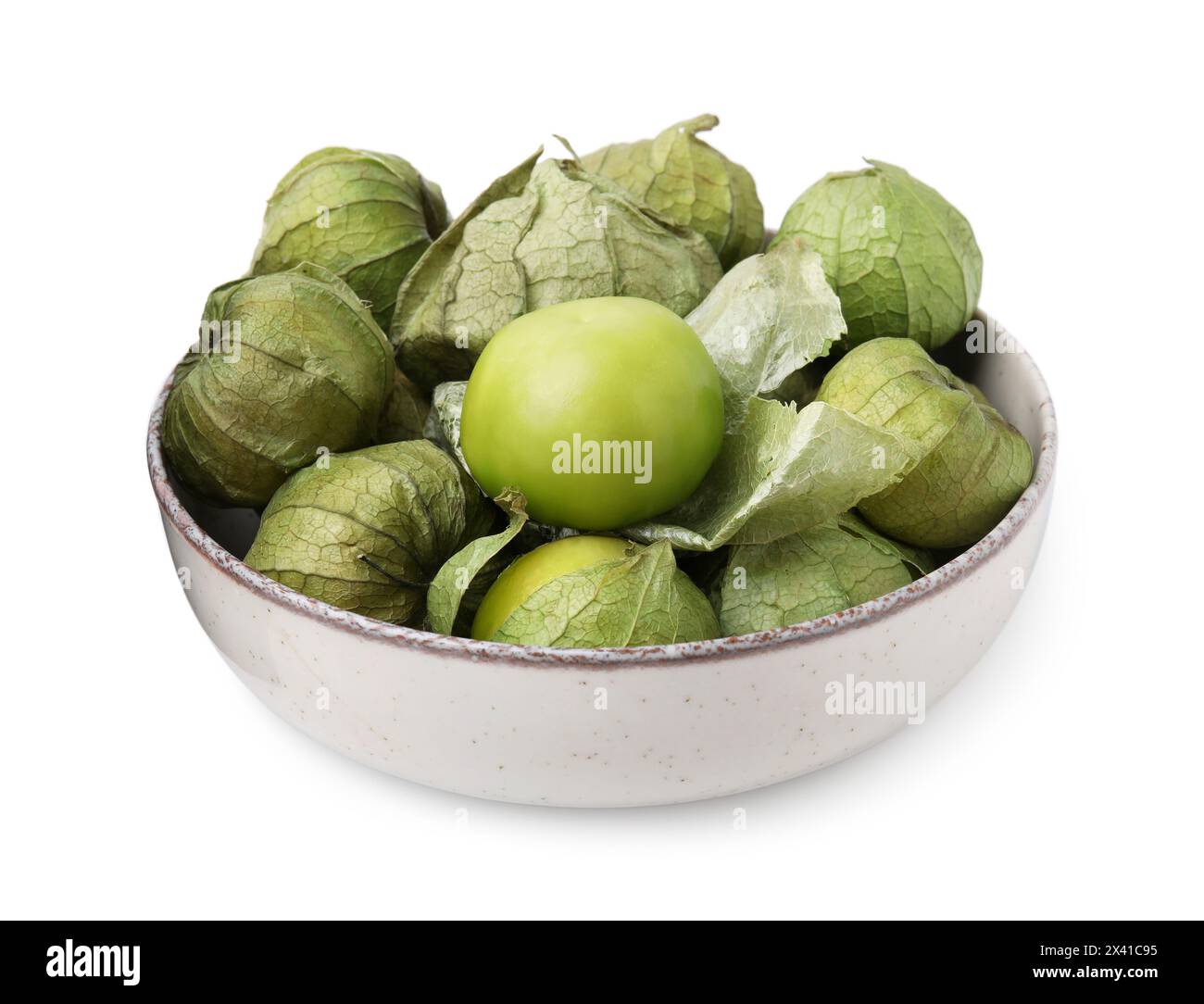 Bowl of fresh green tomatillos with husk isolated on white Stock Photo ...
