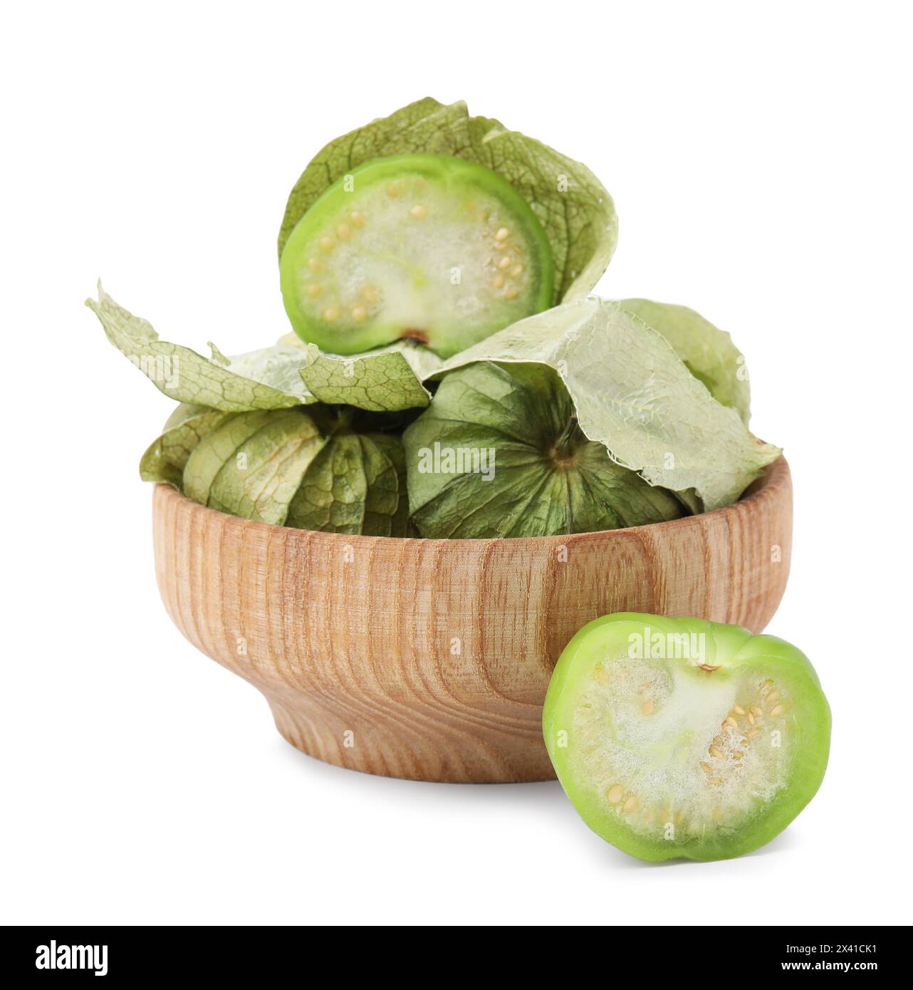 Fresh green tomatillos with husk in bowl isolated on white Stock Photo ...